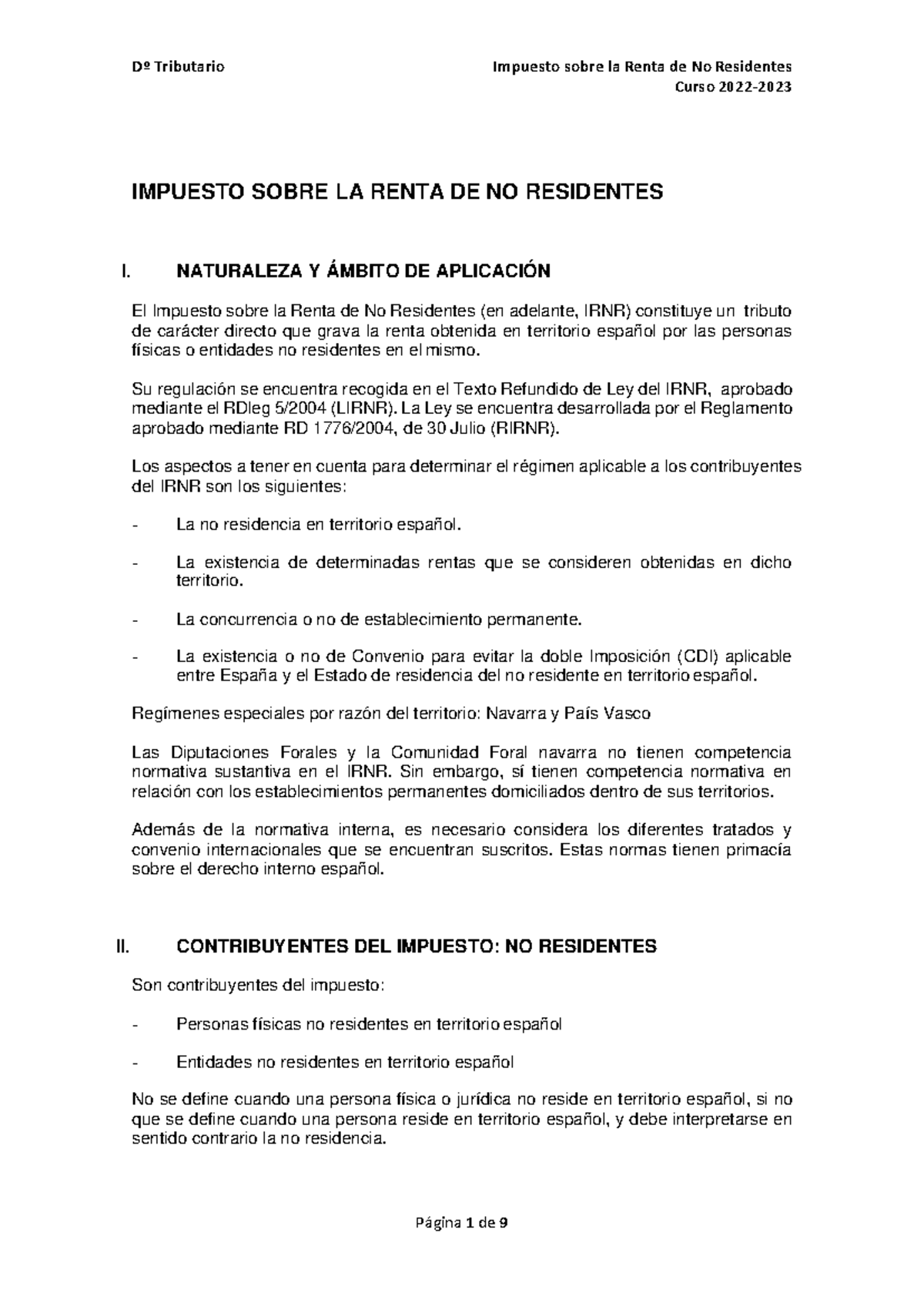 Apuntes IRNR - Ejercicio - Curso 2022- IMPUESTO SOBRE LA RENTA DE NO ...