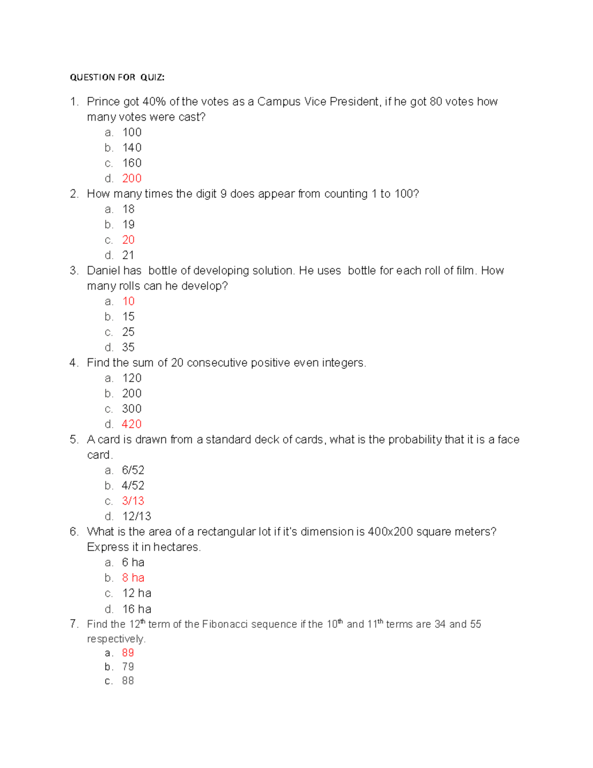 Mathematics Question FOR POST TEST - QUESTION FOR QUIZ: Prince got 40% ...