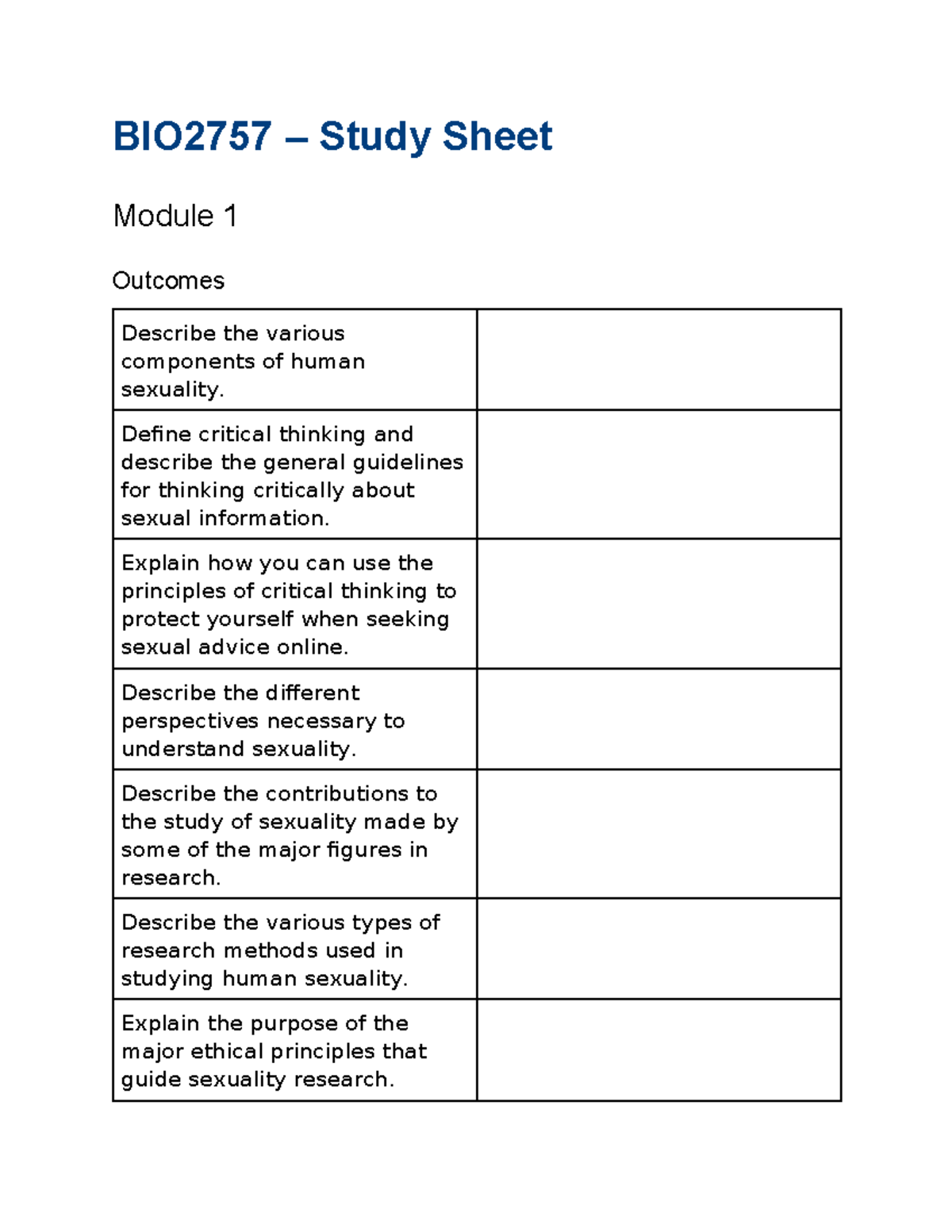 BIO 2757 - Study Sheet Full - BIO2757 – Study Sheet Module 1 Outcomes ...