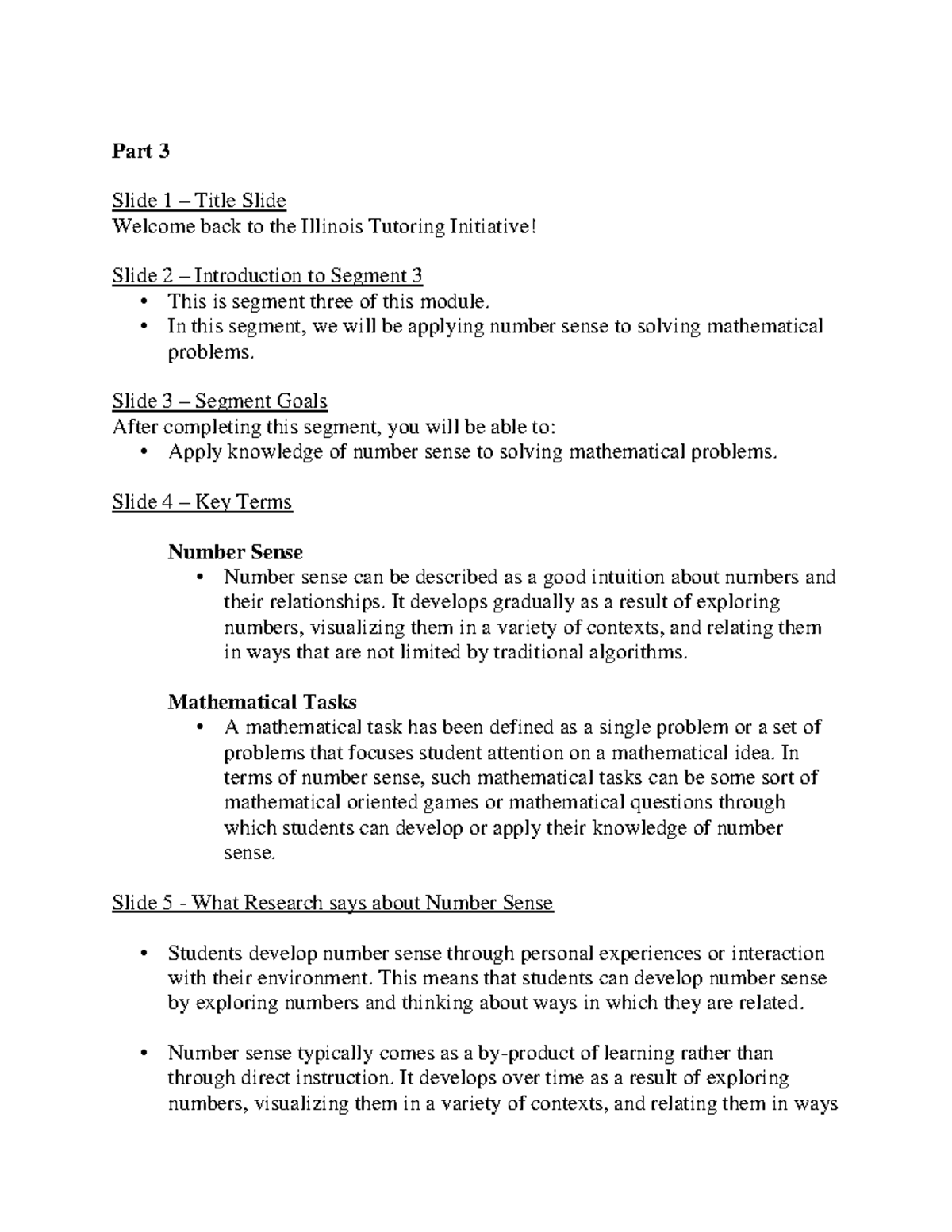 Transcript on Number Sense-Segment 3 of lecture for students practice - Part 3 Slide 1 – Title ...