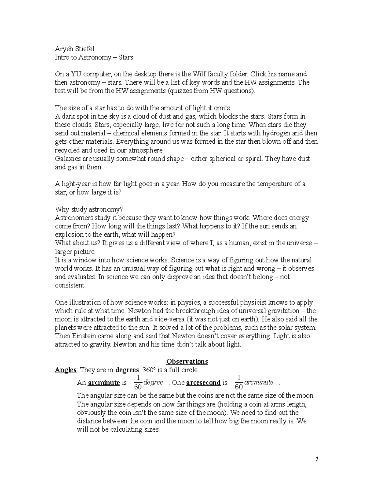 Astronomy 1 - FULL NOTES - Aryeh Stiefel Intro to Astronomy – Stars On ...