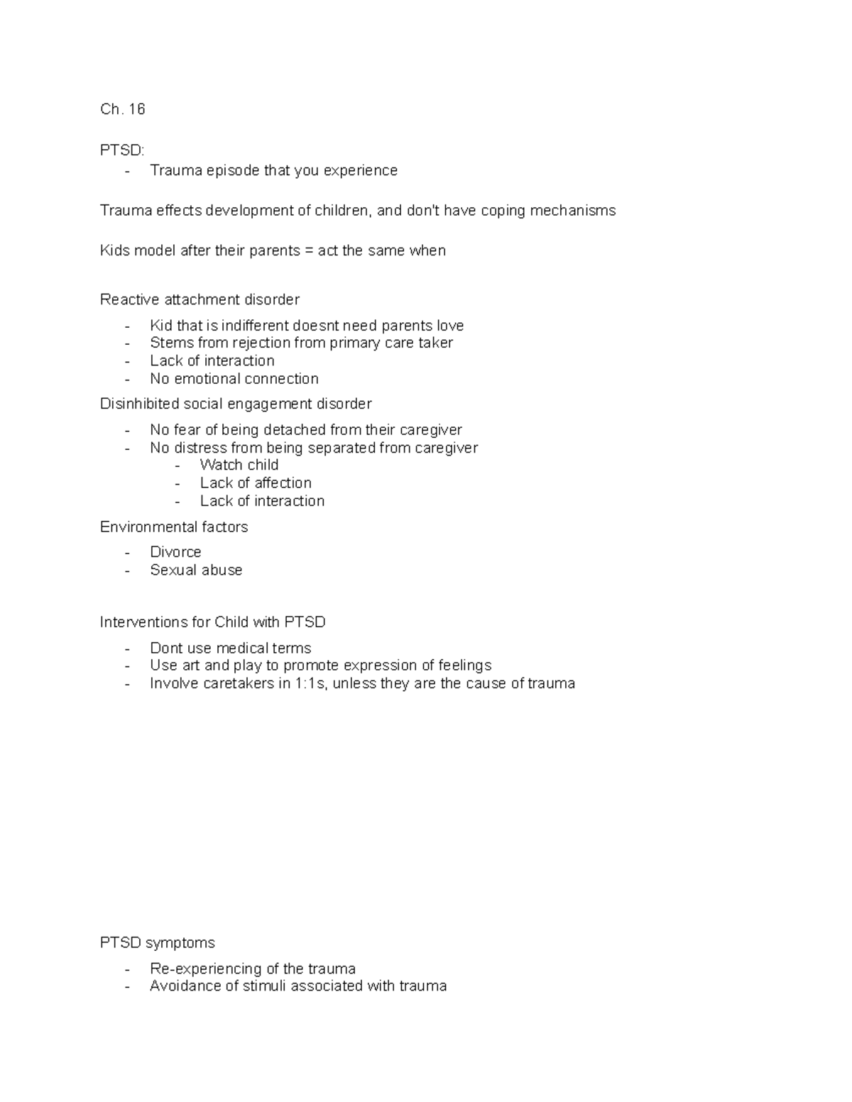 Nurs 355- ch 16,17,18 - notes - Ch. 16 PTSD: Trauma episode that you ...