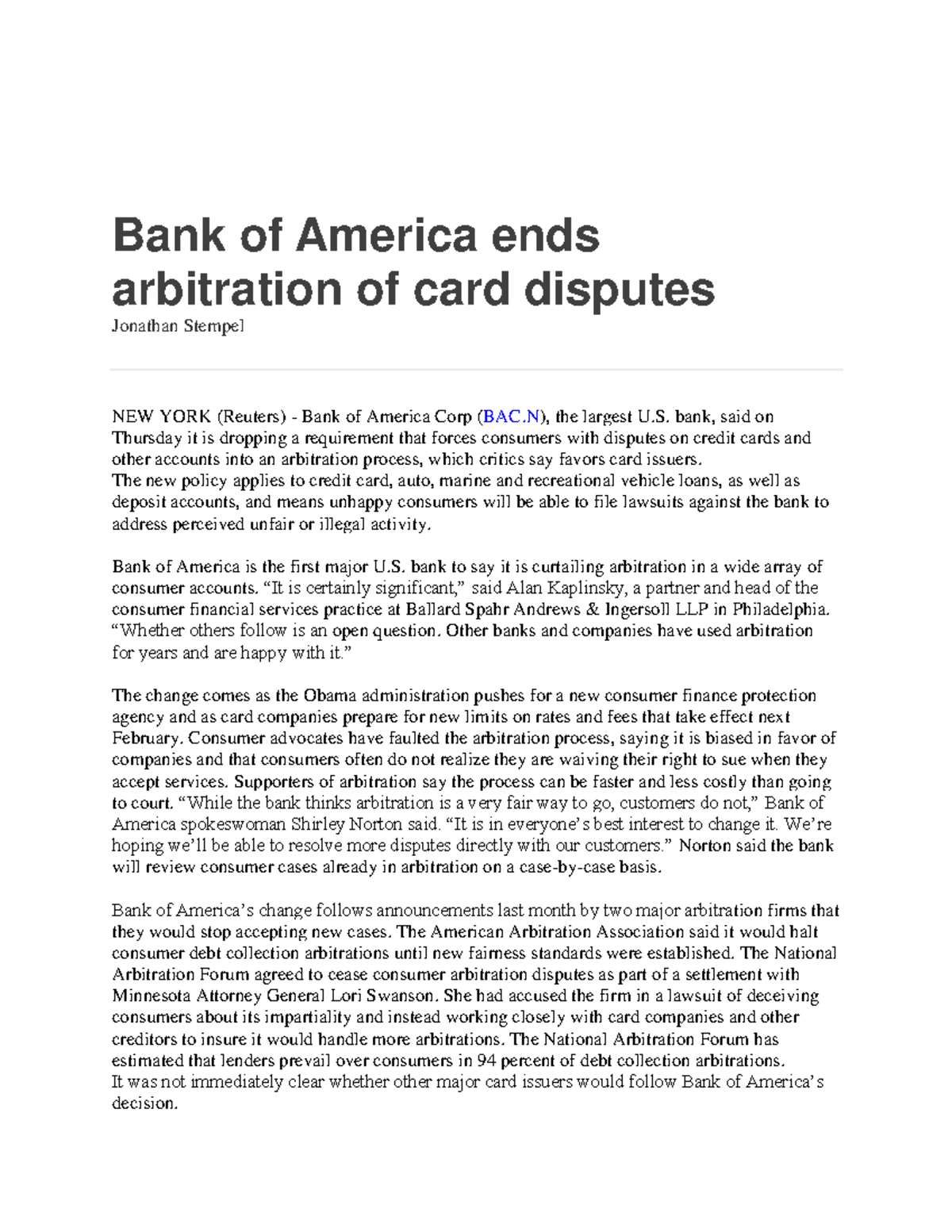 Bank of America ends arbitration of card disputes-3 - Bank of America ...