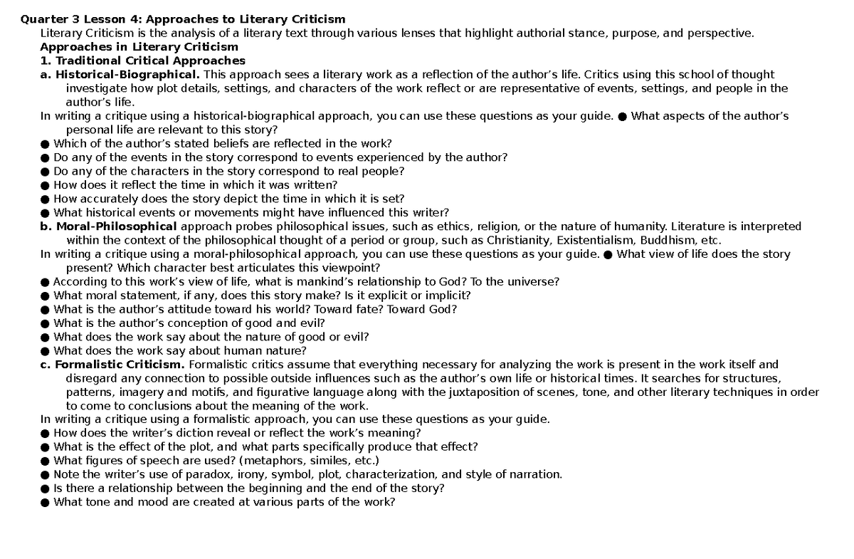 English 10 Quarter 3 Lesson 4 - Quarter 3 Lesson 4: Approaches to ...
