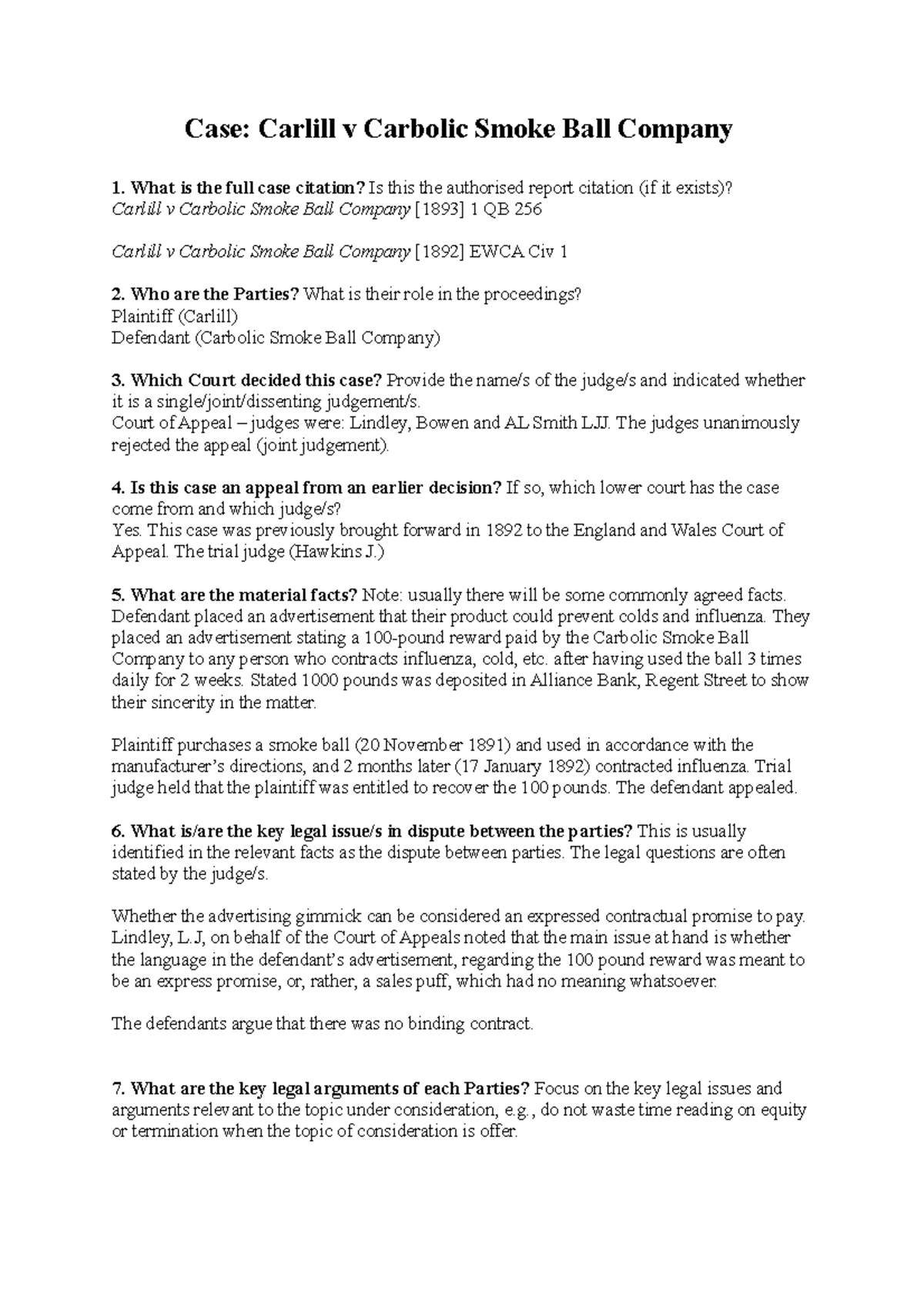 Case- Carbolic Smoke Ball - Case: Carlill v Carbolic Smoke Ball Company ...