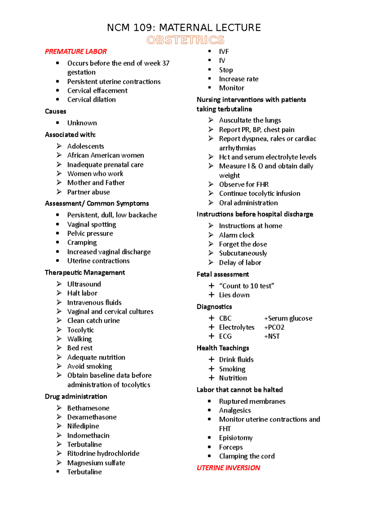 NCM 109 reviewer 1 - OBSTETRICS PREMATURE LABOR Occurs before the end ...