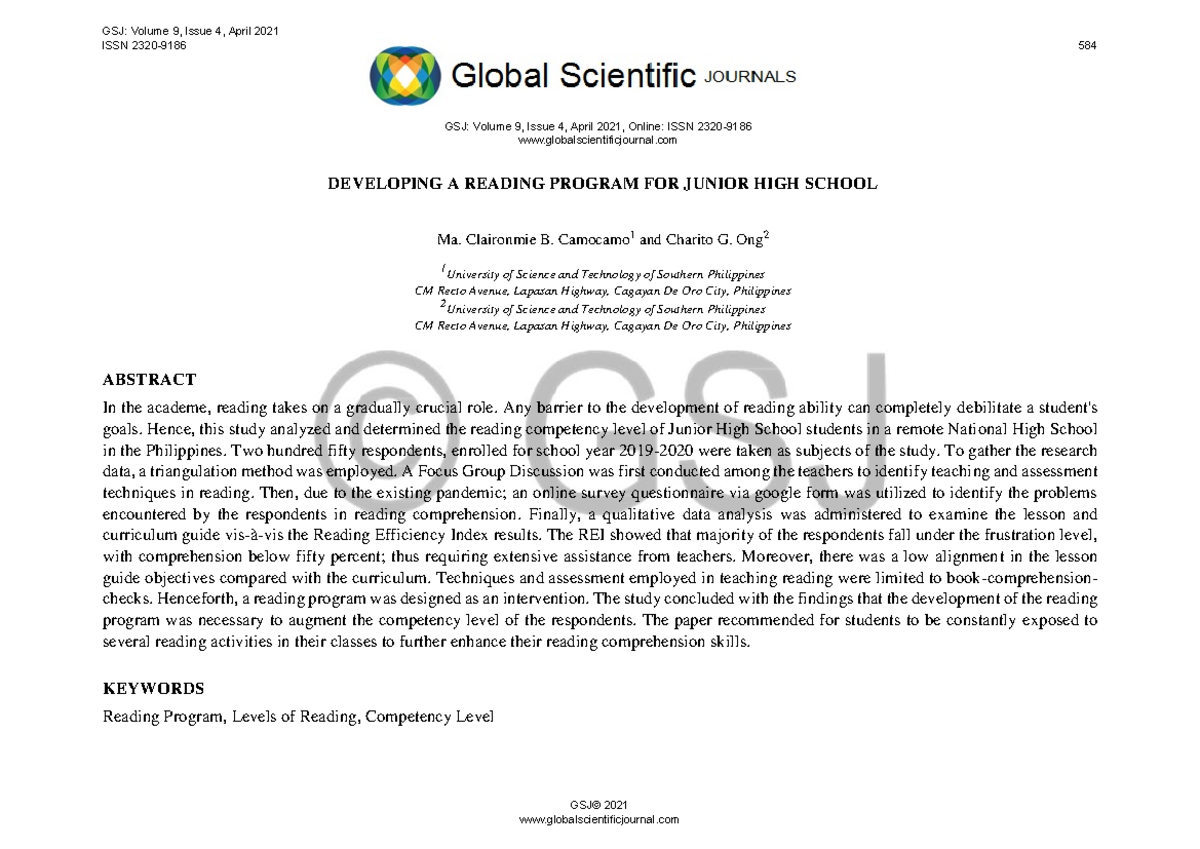 Developing A Reading Program FOR Junior HIGH School - DEVELOPING A ...