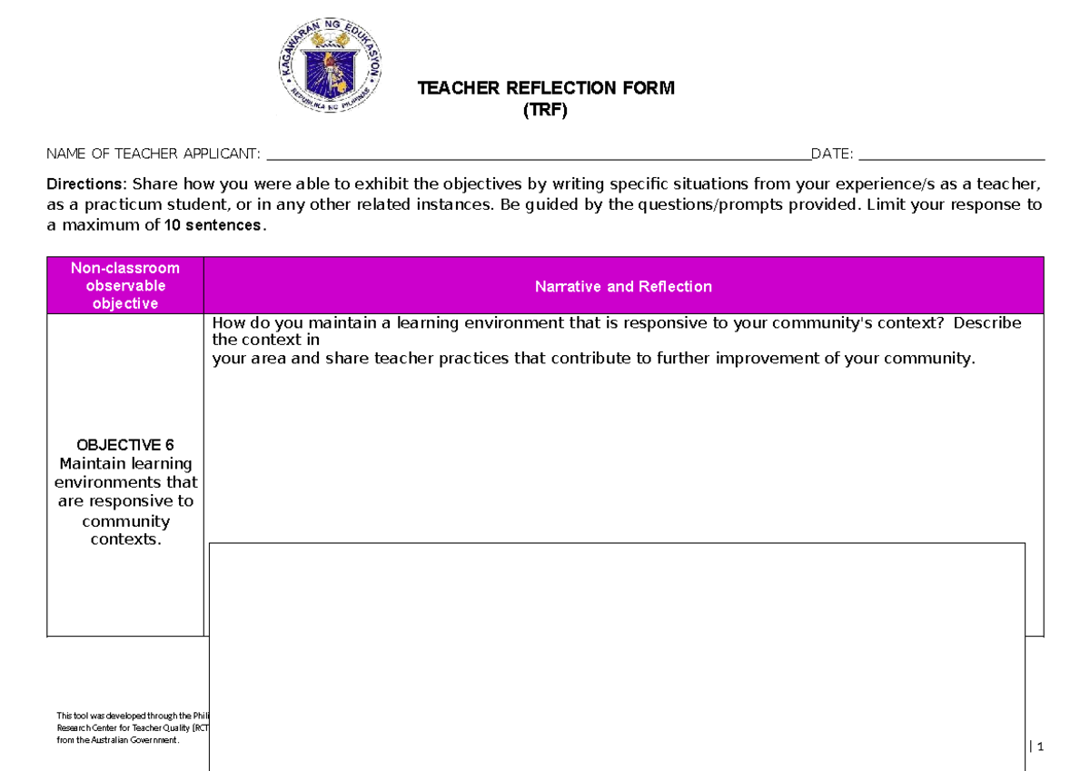 450502799 Teacher Reflection Form TRF - This tool was developed through the Philippine National ...