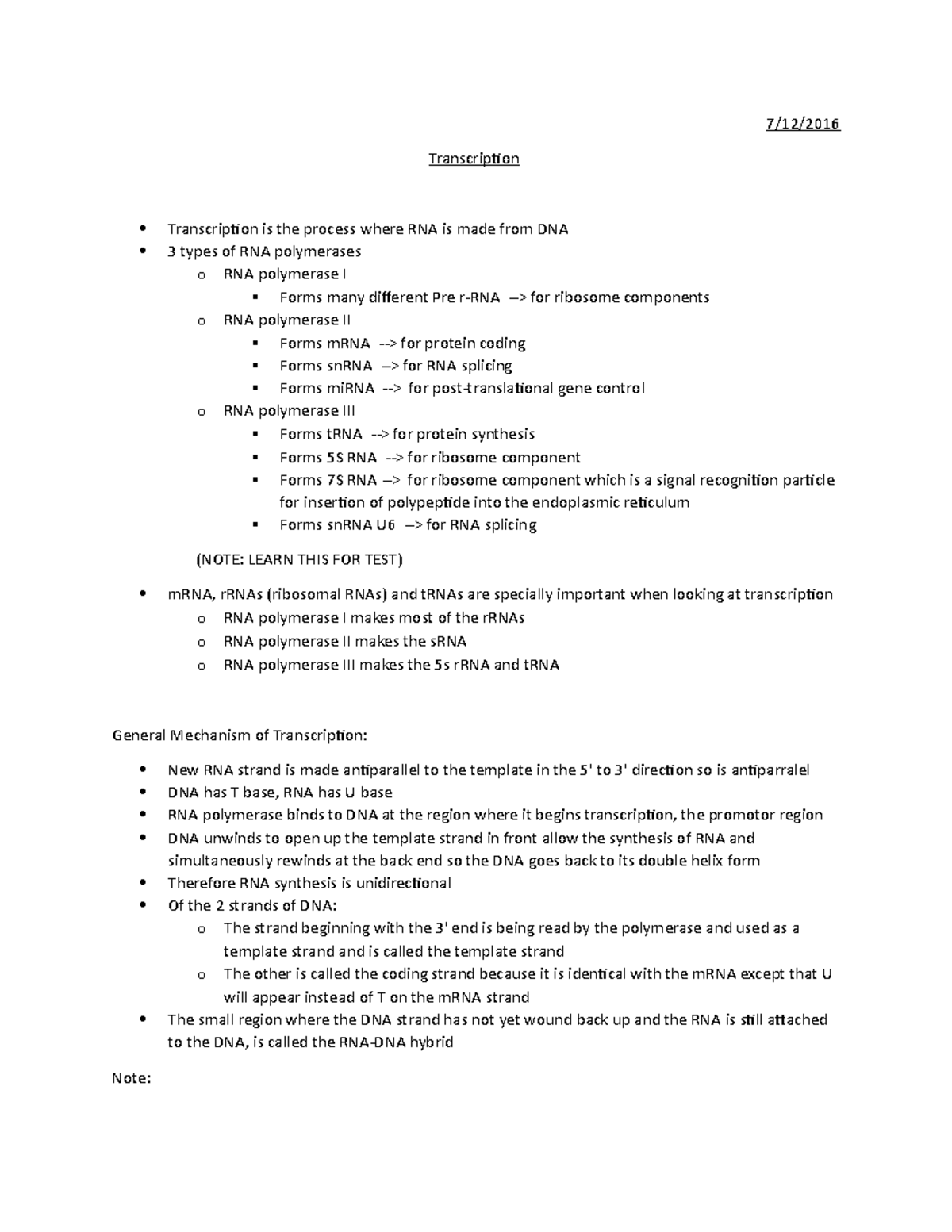 10. Transcription - Lecture notes 10 - 7/12/ Transcription ...