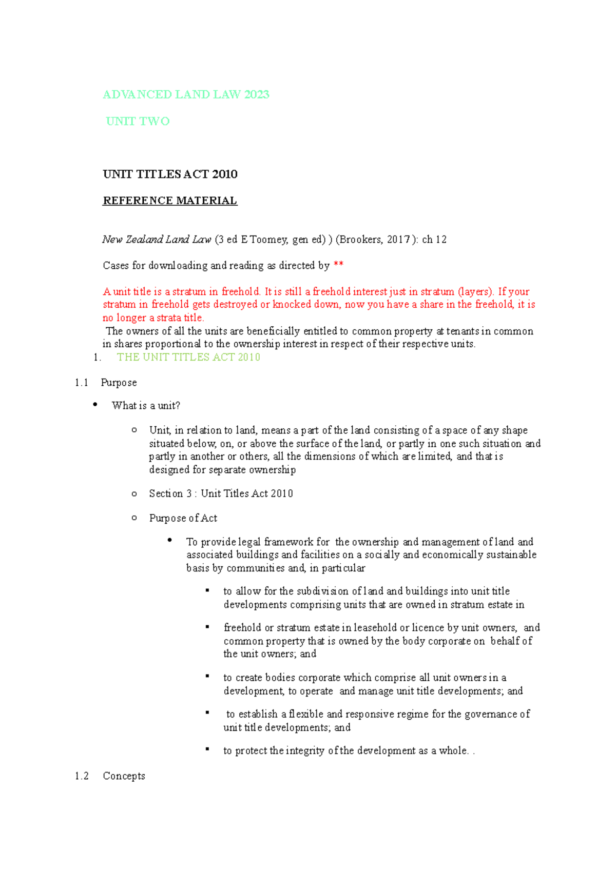 Unit two (unit titles) - ADVANCED LAND LAW 2023 UNIT TWO UNIT TITLES ...