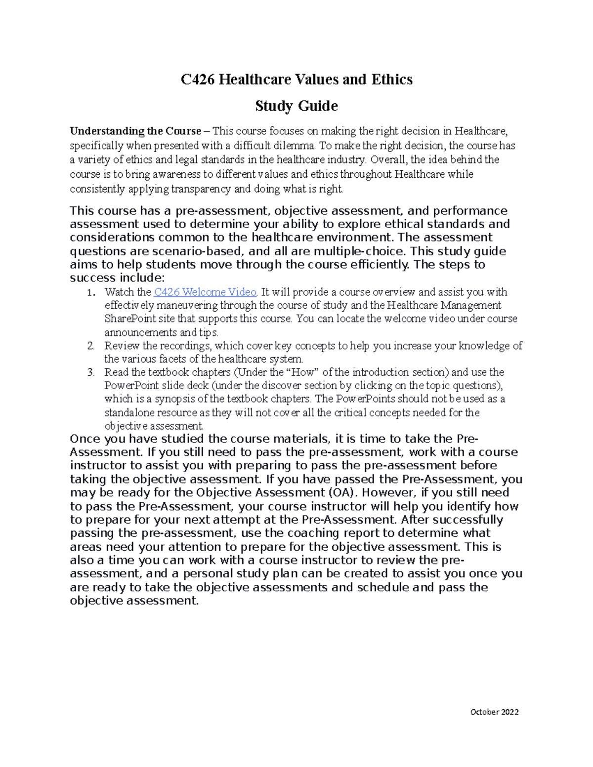 C426 healthcare vales and ethics study guide (1) - C426 - WGU - Studocu
