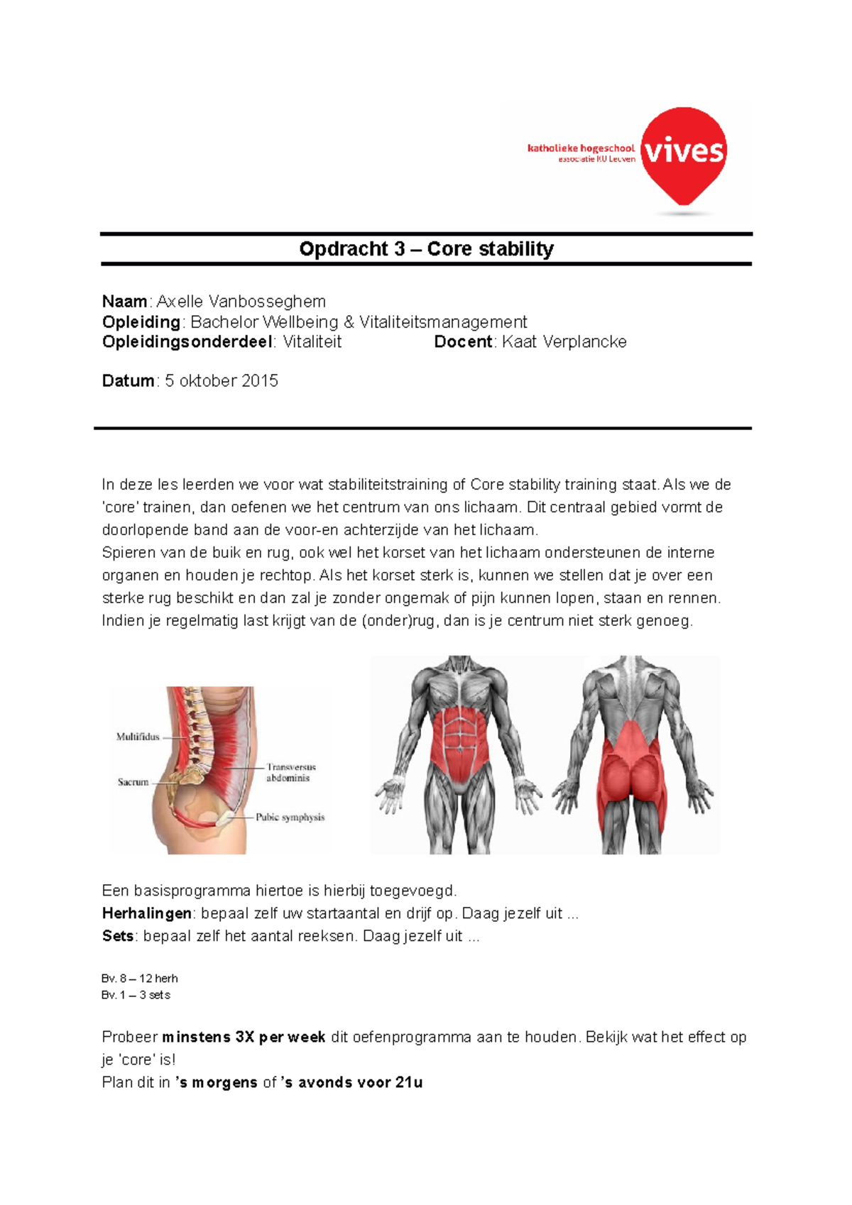 Opdracht 3 - Core-stability op mat - Opdracht 3 – Core stability Naam ...