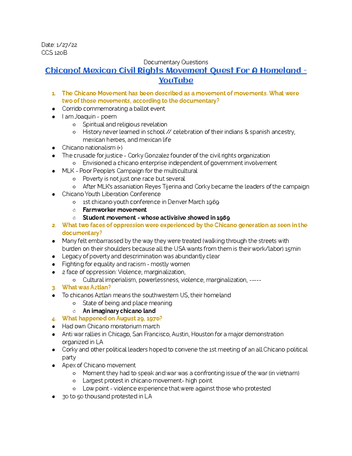 CCS 120B Chicano Quest for a Homeland Questions - Date: 1/27/ CCS 120B ...