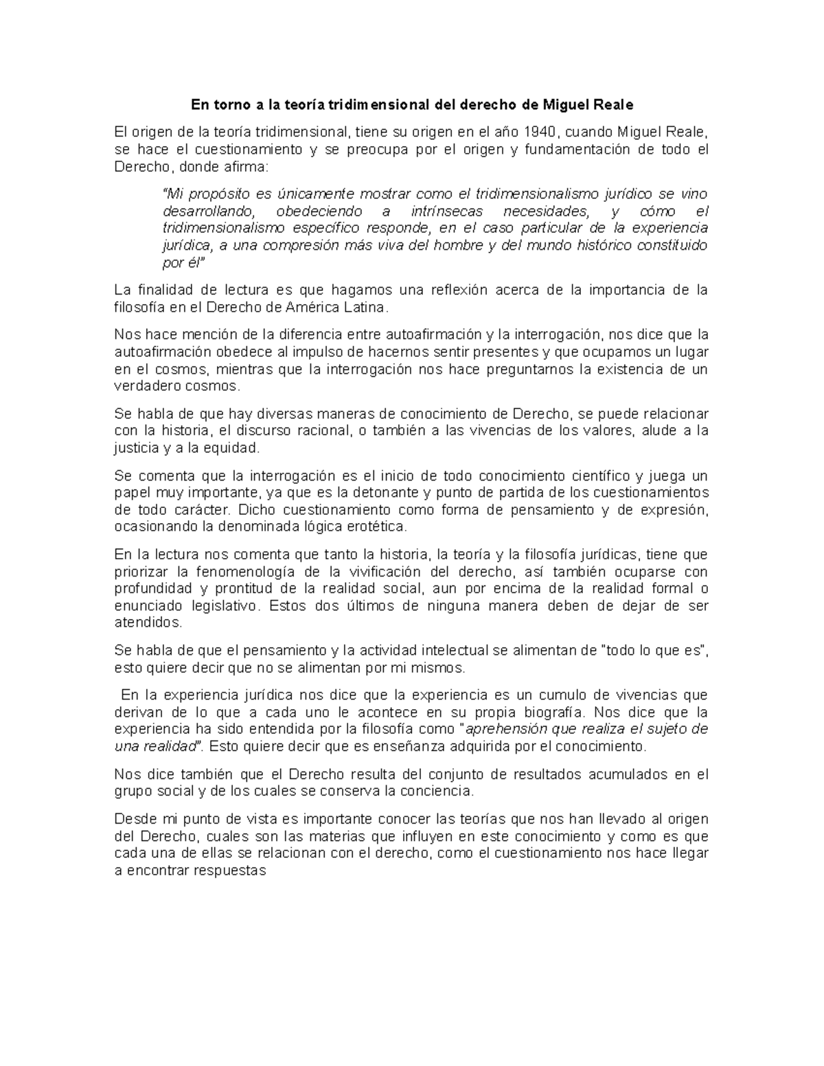 En torno a la teoría tridimensional del derecho de Miguel Reale Veraza ...