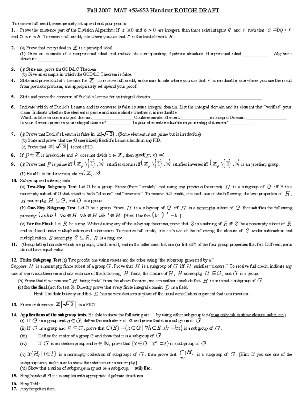 Fall 2007 math final handout 453 - Fall 2007 MAT 453/653 Handout ROUGH ...