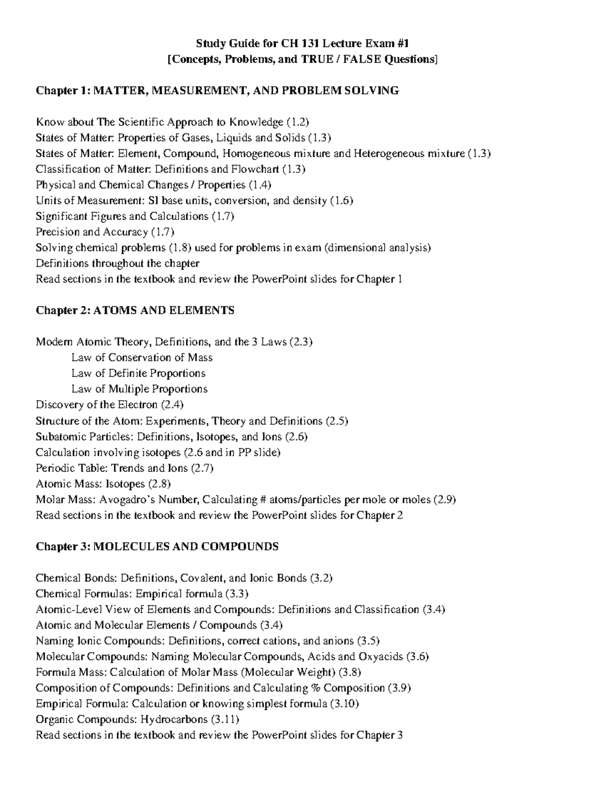 Study Guide for CH 131 Lecture exam 1-1 - Studocu