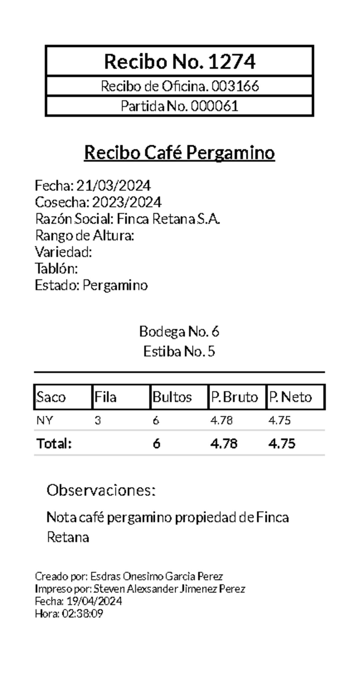 Recibo Pergamino-1274 - Recibo No. 1274 Recibo de Oficina. 003166 ...