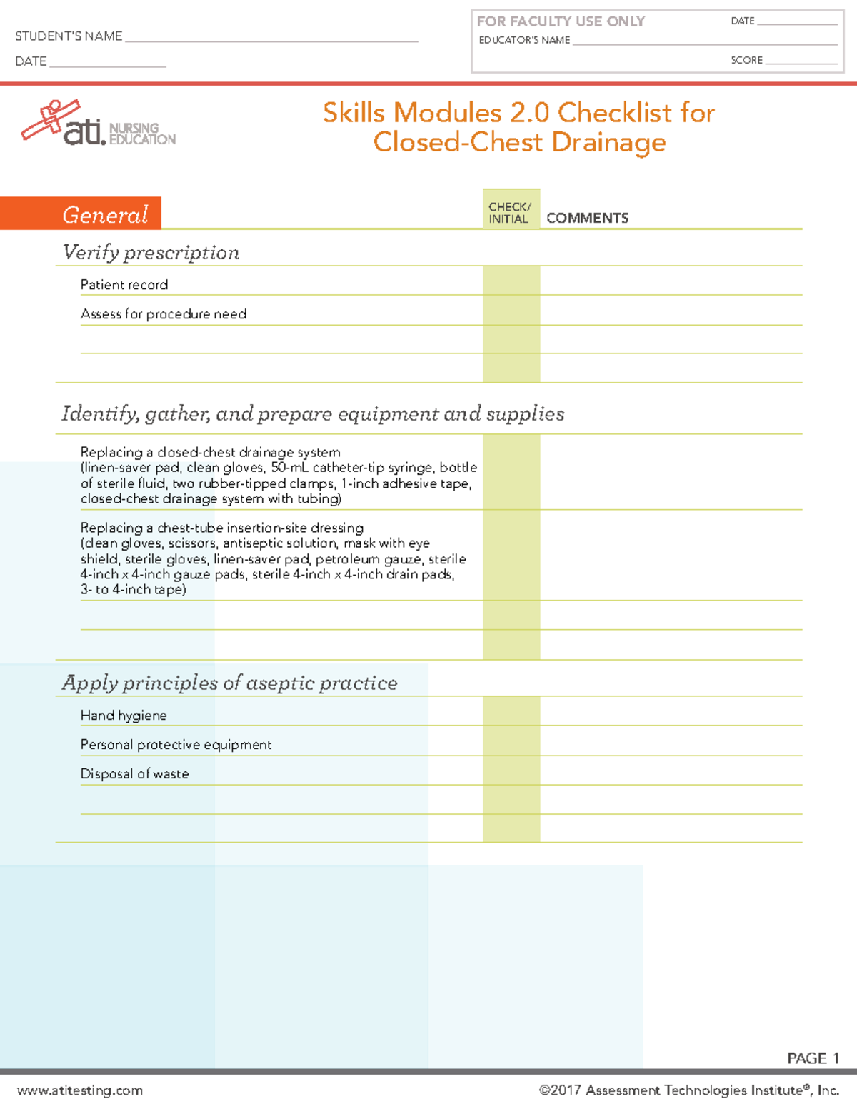 Closed chest drain checklist - EDUCATOR IMPLEMENTATION GUIDE PAGE 1 ...