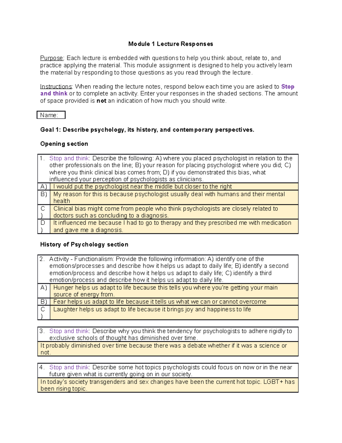 Module 1 lecture responses - Module 1 Lecture Responses Purpose: Each ...