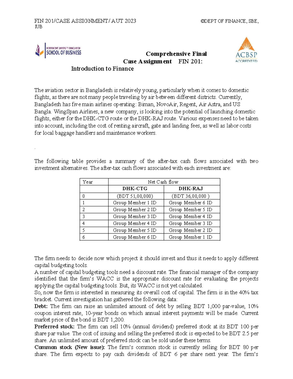 Introduction to Finance - FIN 201/CASE ASSIGNMENT/ AUT 2023 ©DEPT OF ...