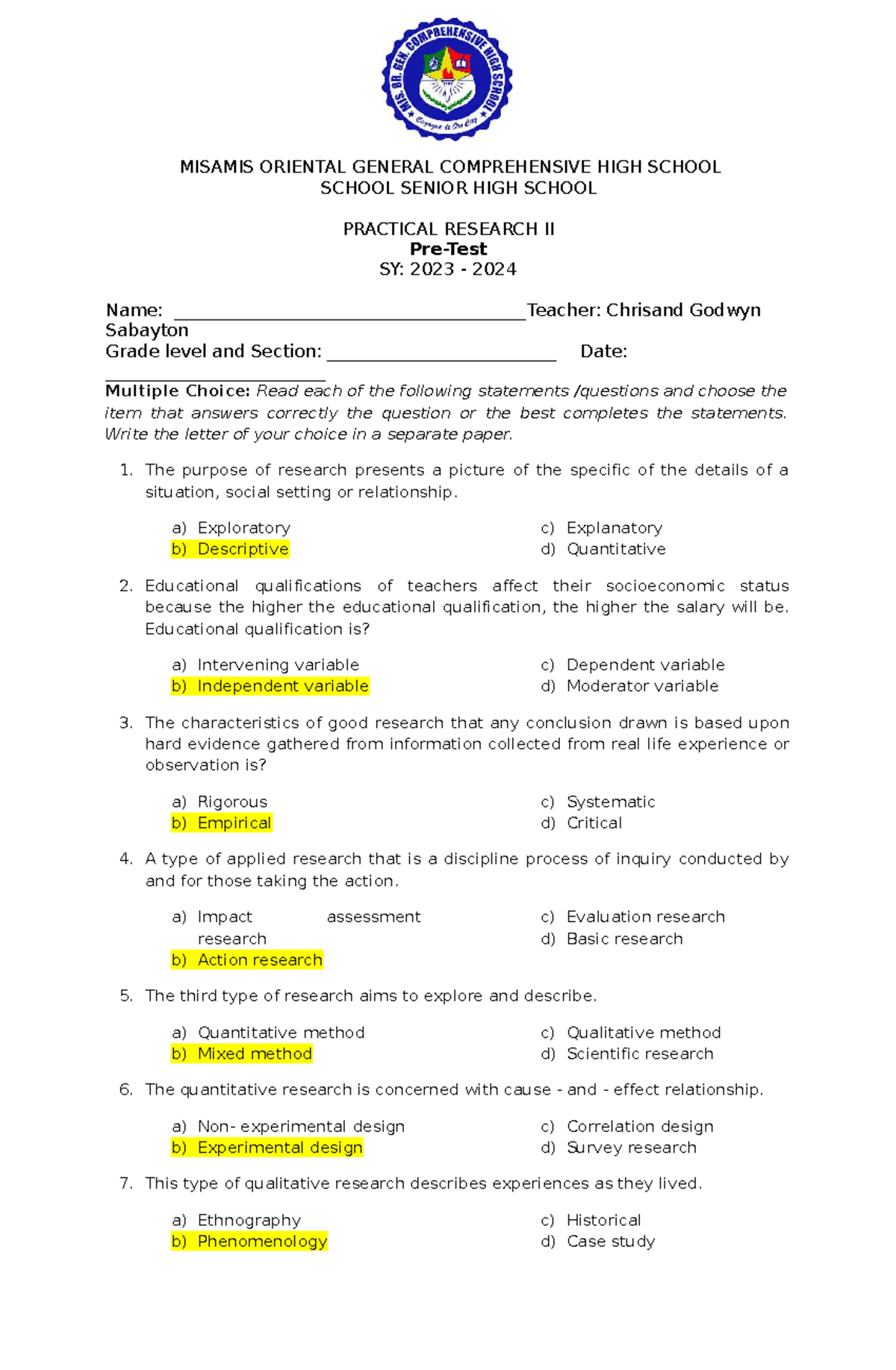 PR 2 Answer KEY - SSKSDKSDKS - MISAMIS ORIENTAL GENERAL COMPREHENSIVE ...