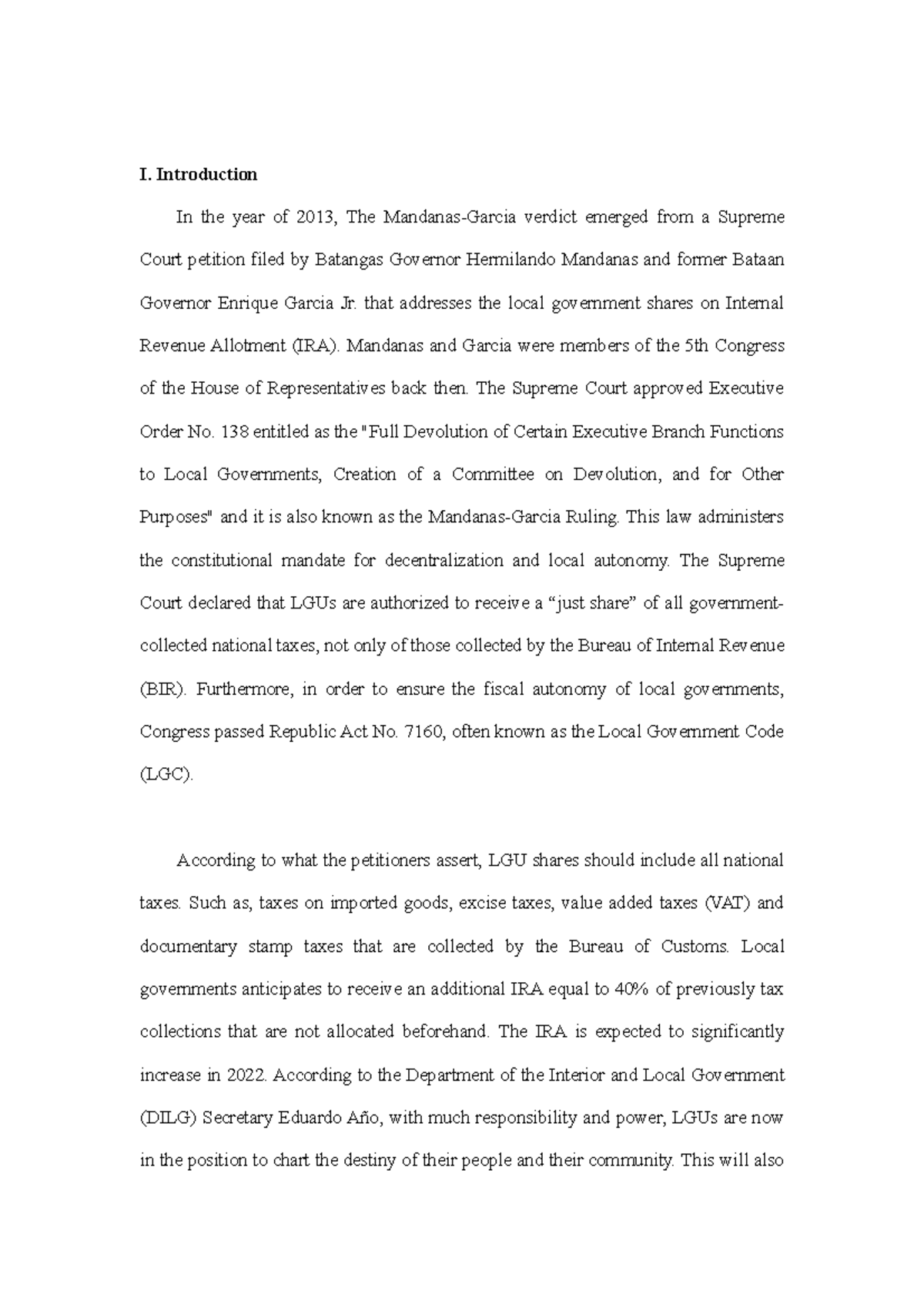 Mandanas Ruling - I. Introduction In the year of 2013, The Mandanas ...