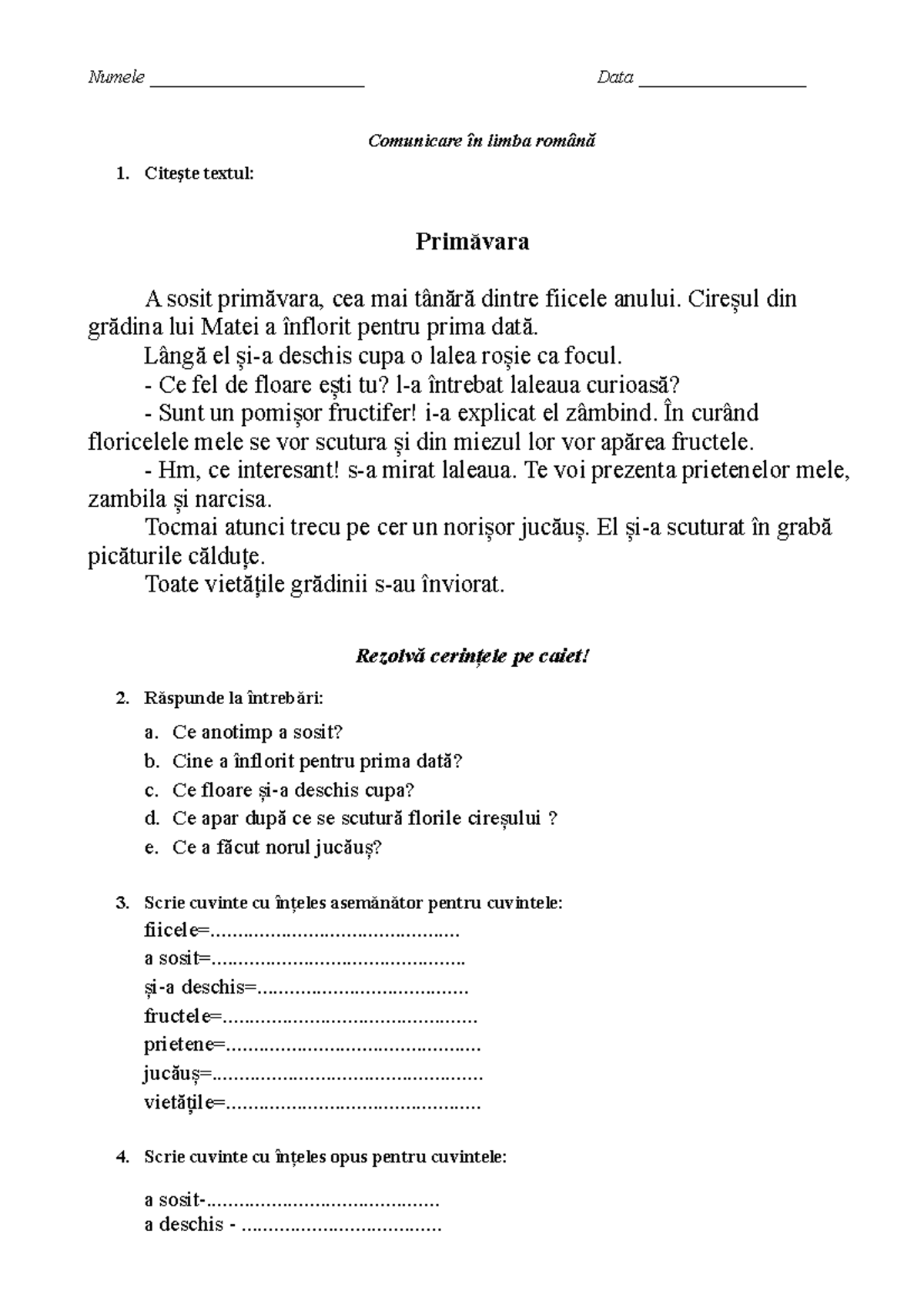 Primavara - fisa de lucru - _Numele _______________________ Data ...