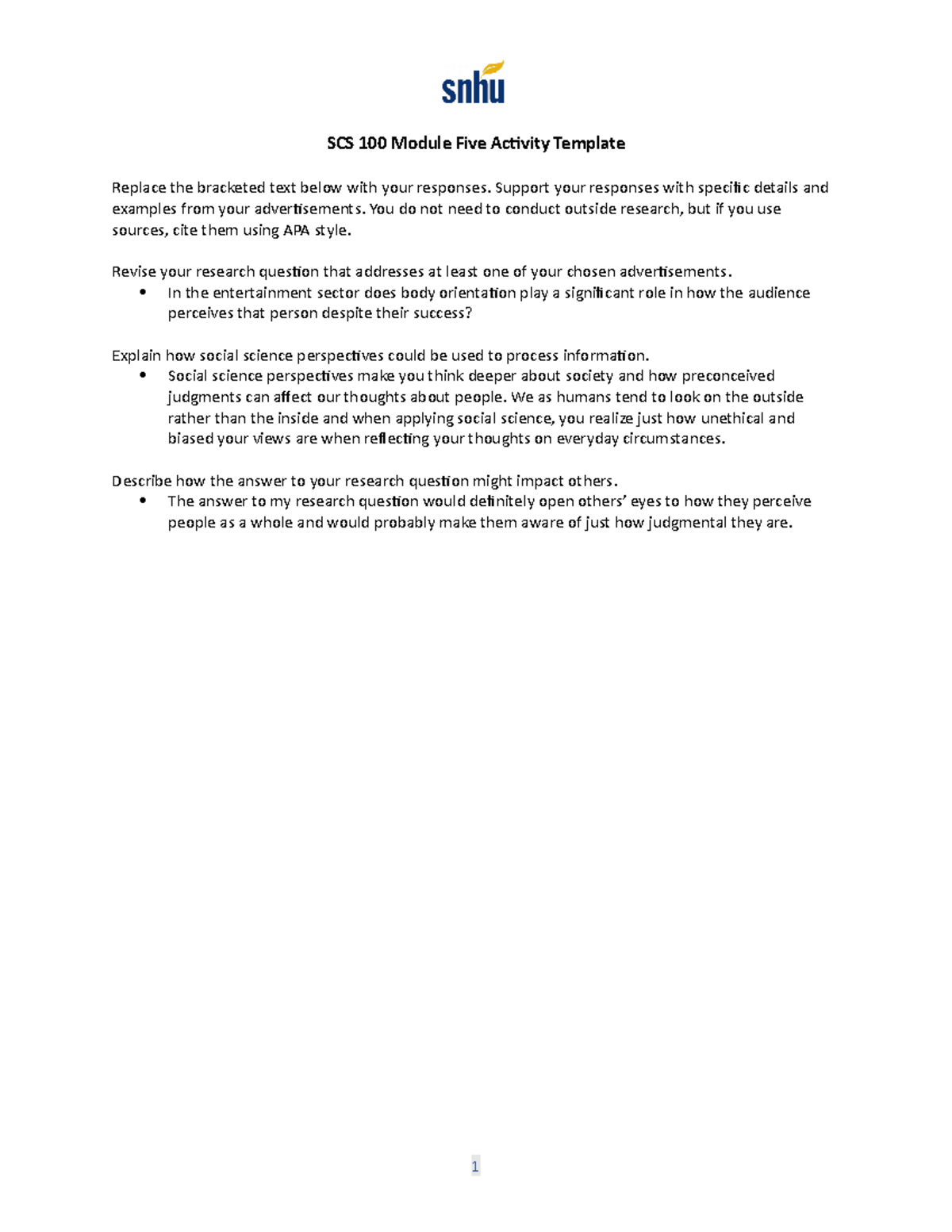 SCS 100 Module Five Activity Template - SCS 100 Module Five Activity Template Replace the ...