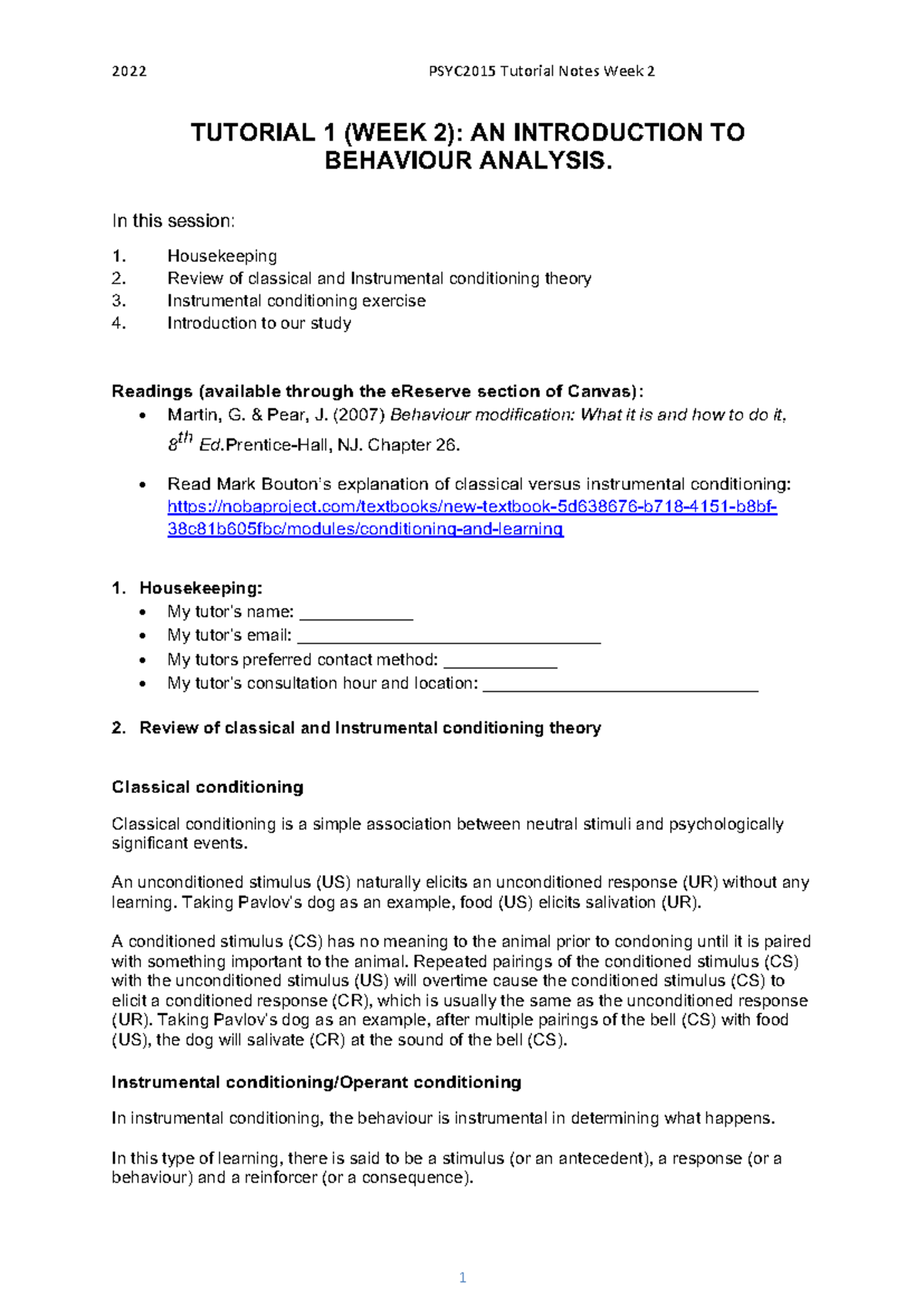 Tutorial 1 wk 2 - introduction - 2022 PSYC2015 Tutorial Notes Week 2 ...