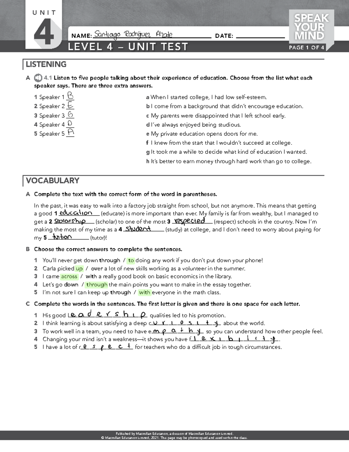 Taller Ingles LEVEL 4 – UNIT TEST - 4 ####### U N I T L E V E L 4 – U N ...