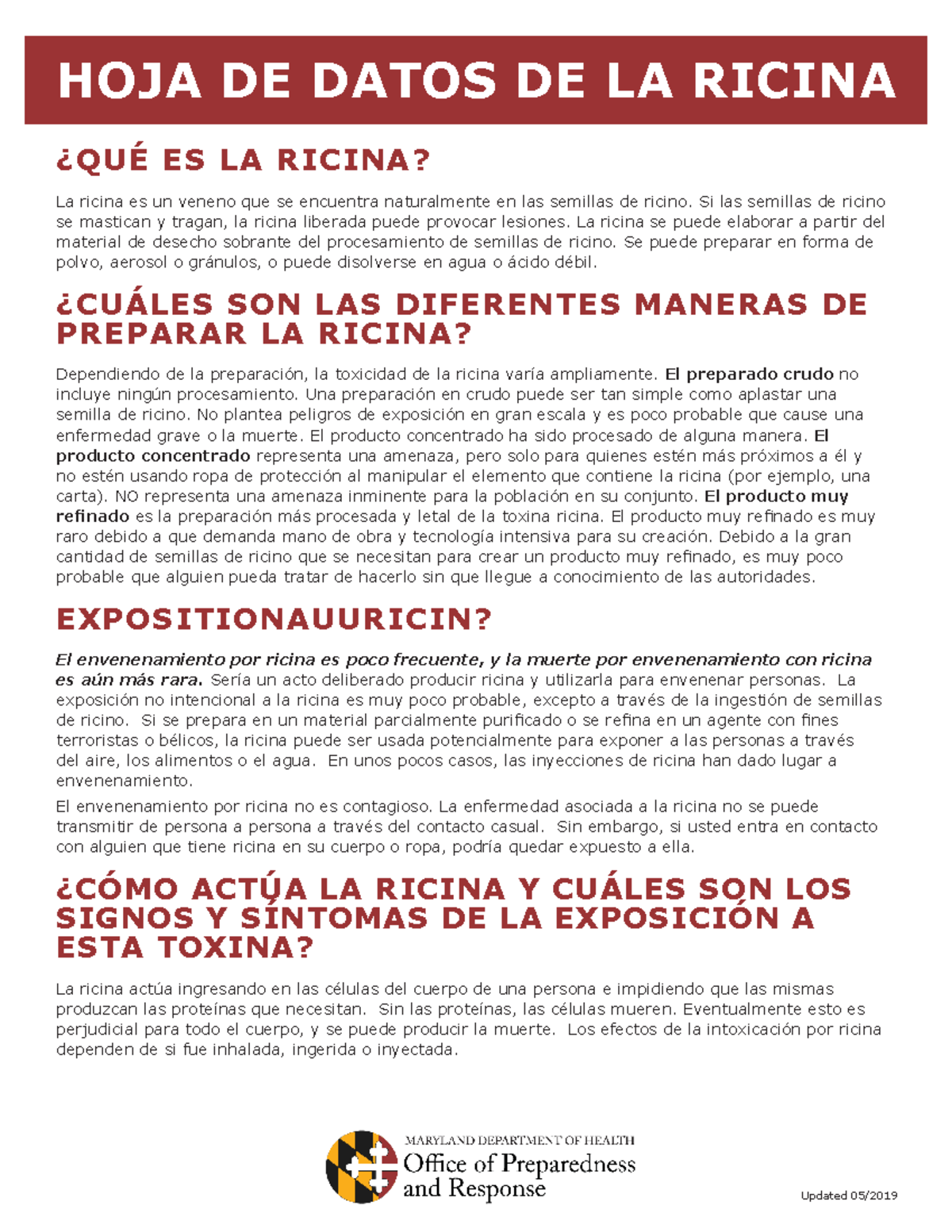 Ricin Spanish - Nada - ¿QUÉ ES LA RICINA? Updated 05/ HOJA DE DATOS DE ...