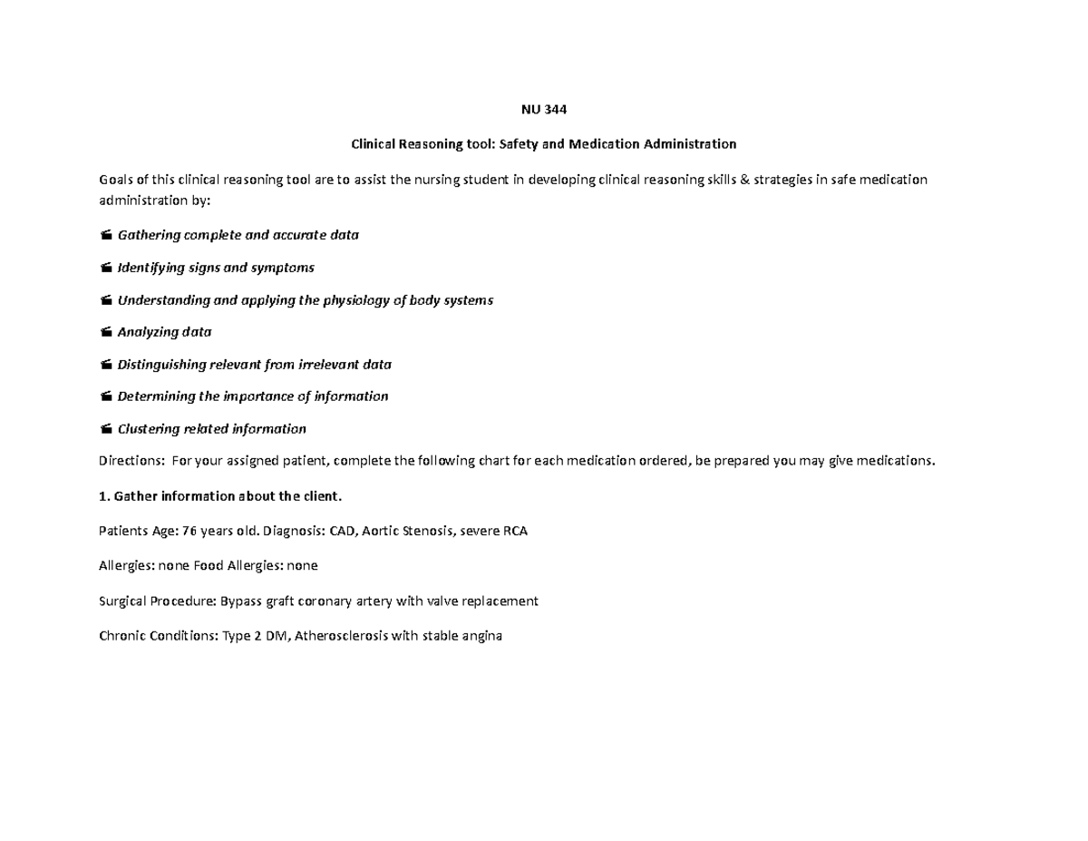 344 Medication Safety Tool-1 - NU 344 Clinical Reasoning tool: Safety ...
