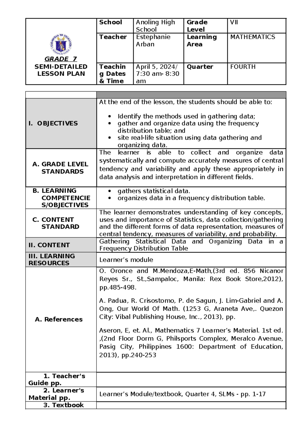 MATH 7 Lesson 1 MOD 2 - School Anoling High School Grade Level VII ...