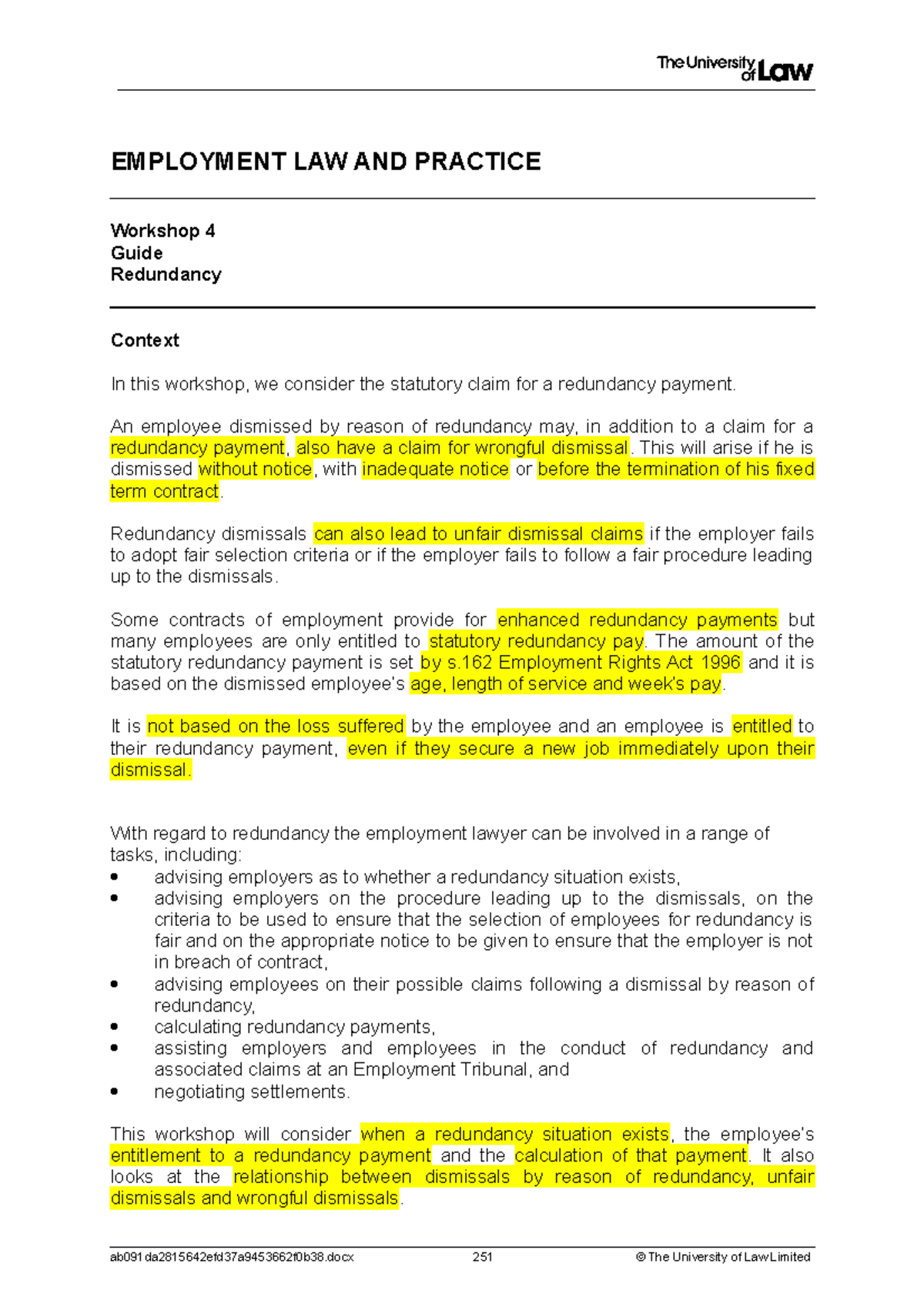 workshop 4 employment - EMPLOYMENT LAW AND PRACTICE Workshop 4 Guide ...