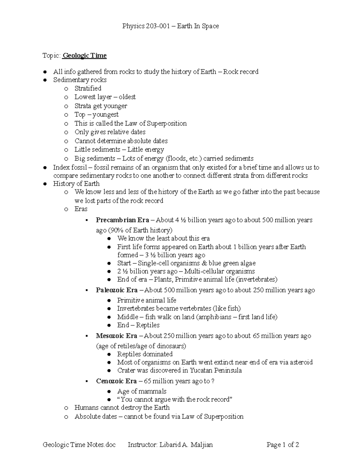 earth in space lecture notes 5 - Physics 203-001 – Earth In Space Topic ...