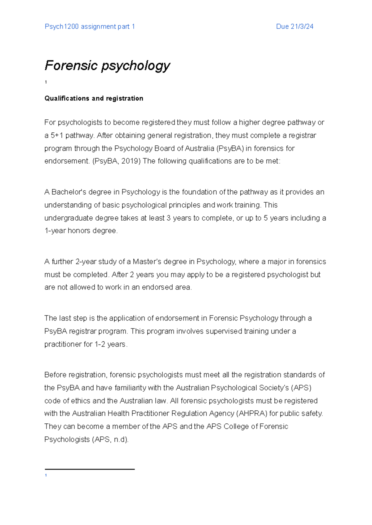 forensic psychology - Psych1200 assignment part 1 Due 21/3/ Forensic ...