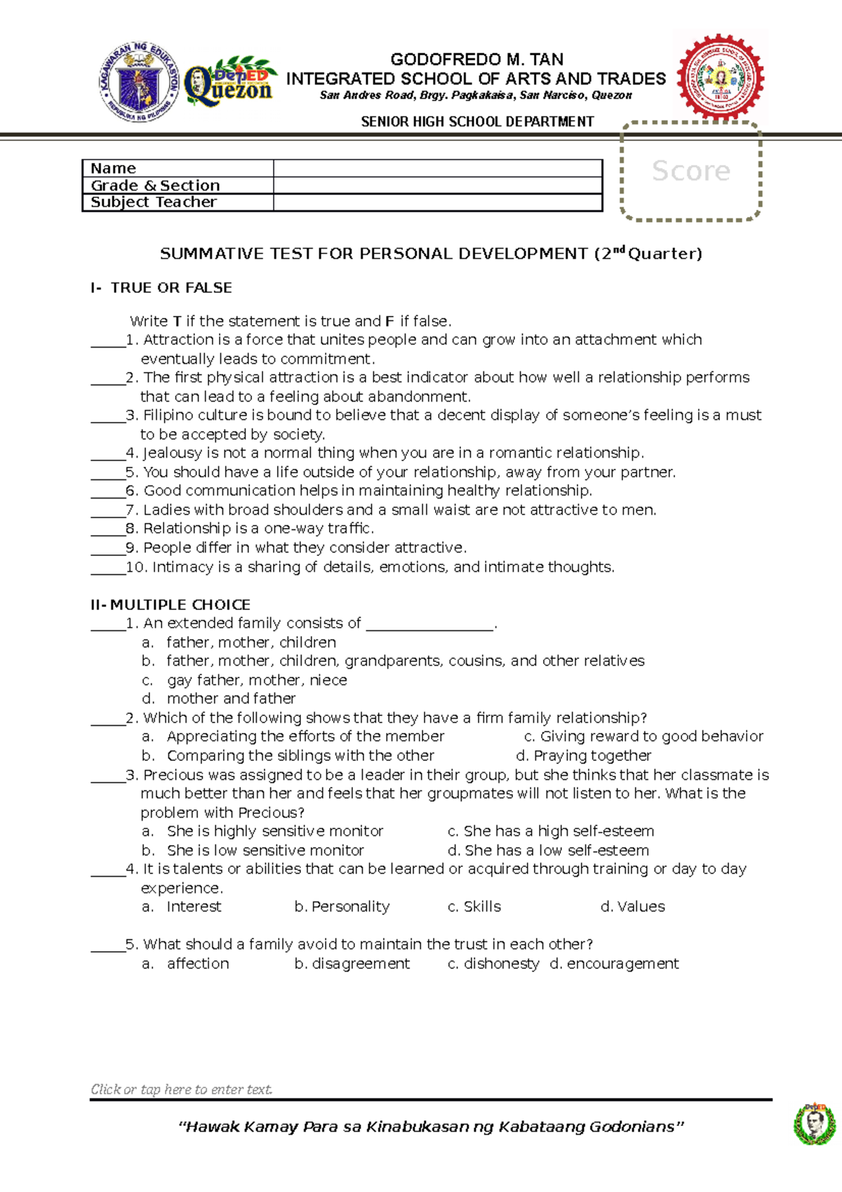 Personal Development Summative Q2 - Name Grade & Section Subject ...