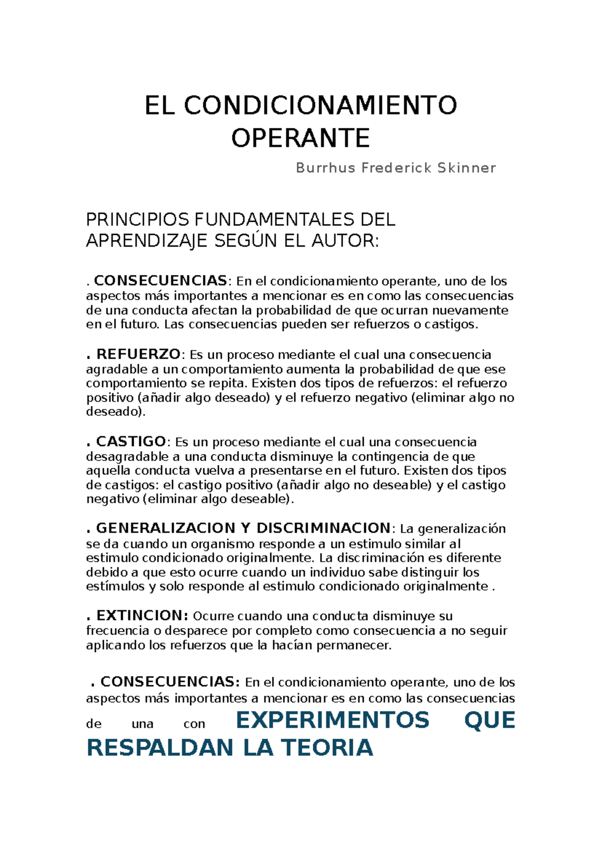 EL Condicionamiento Operante ( Skinner) - EL CONDICIONAMIENTO OPERANTE Burrhus Frederick Skinner ...