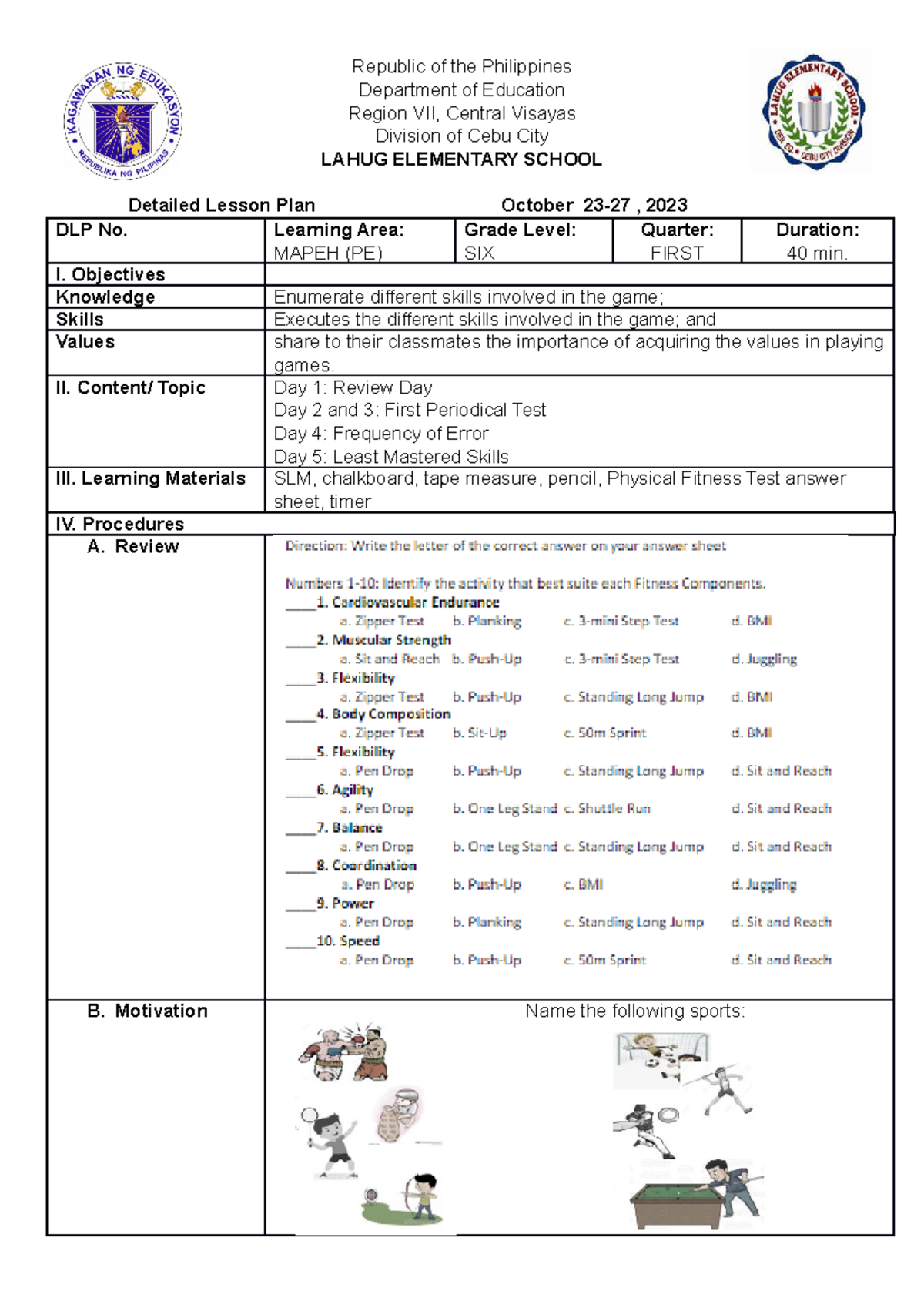 PE-Q1W7 Review - Lesson PLan for MApeh - Republic of the Philippines ...