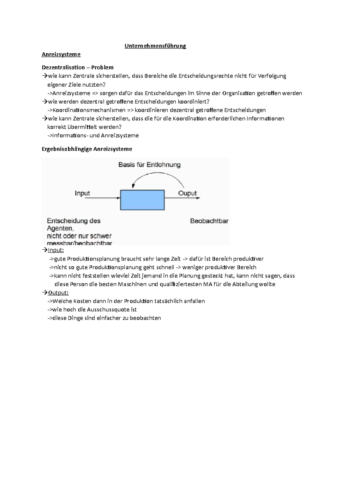 Anreizsysteme - Zusammenfassung - Unternehmensführung Anreizsysteme Dezentralisation – Problem ...