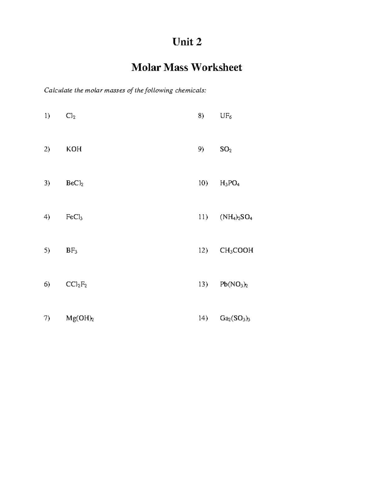 Worksheets - chemdfkmfdk - Molar Mass Worksheet Unit Cl Calculate the ...