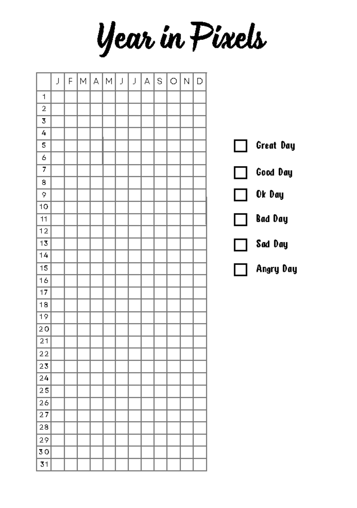 Year in Pixels - bullet journal template - J F M A M J J A S O N D Year ...