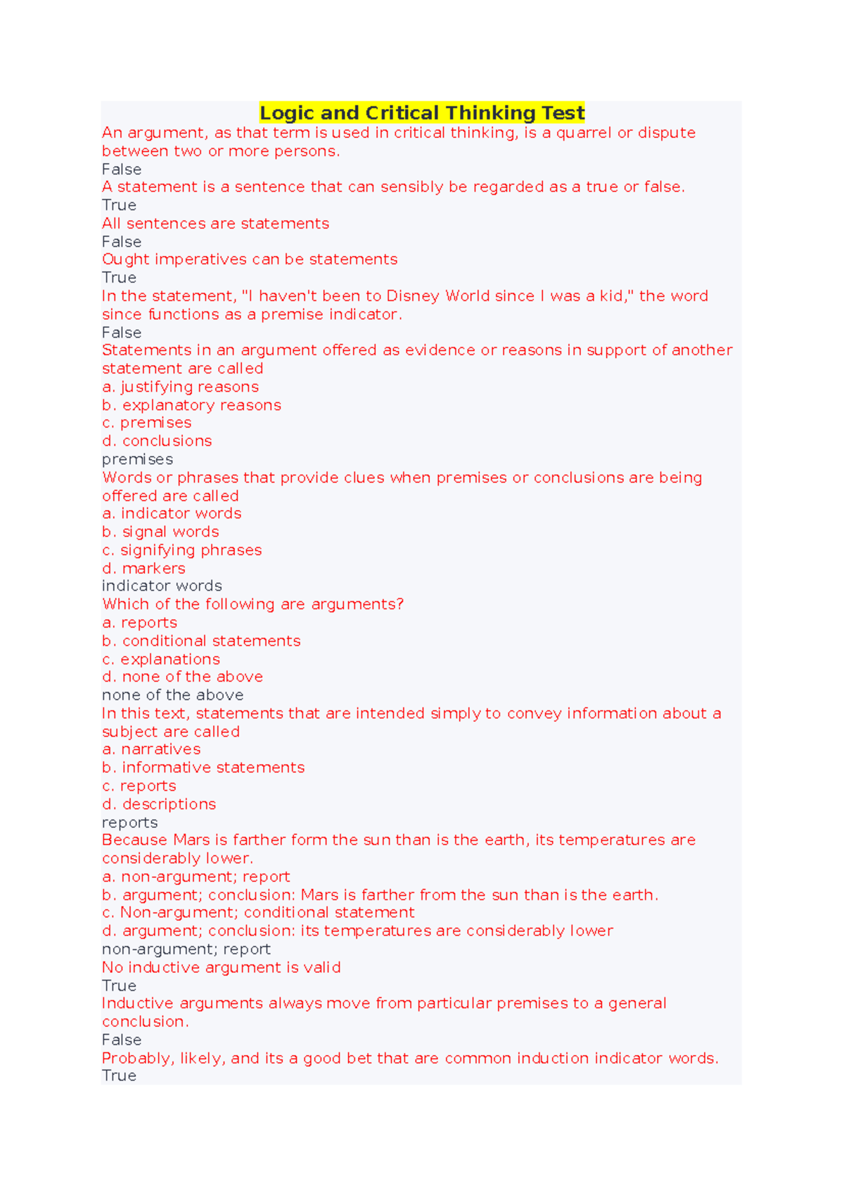 QUIZ CHAP2 Critical Thinking - Logic and Critical Thinking Test An ...