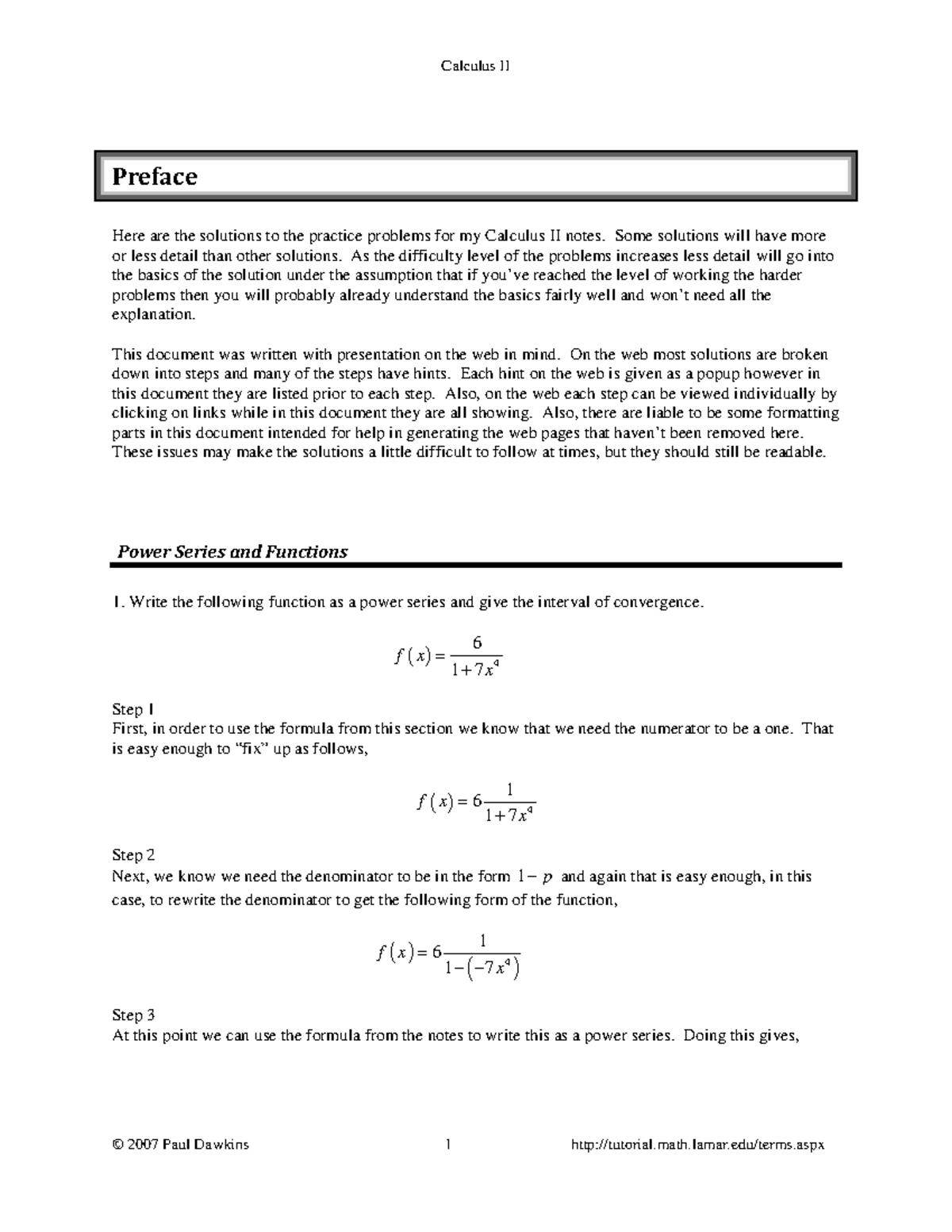 Calc II Power Series Functions Solutions - Preface Here are the solutions to the practice ...