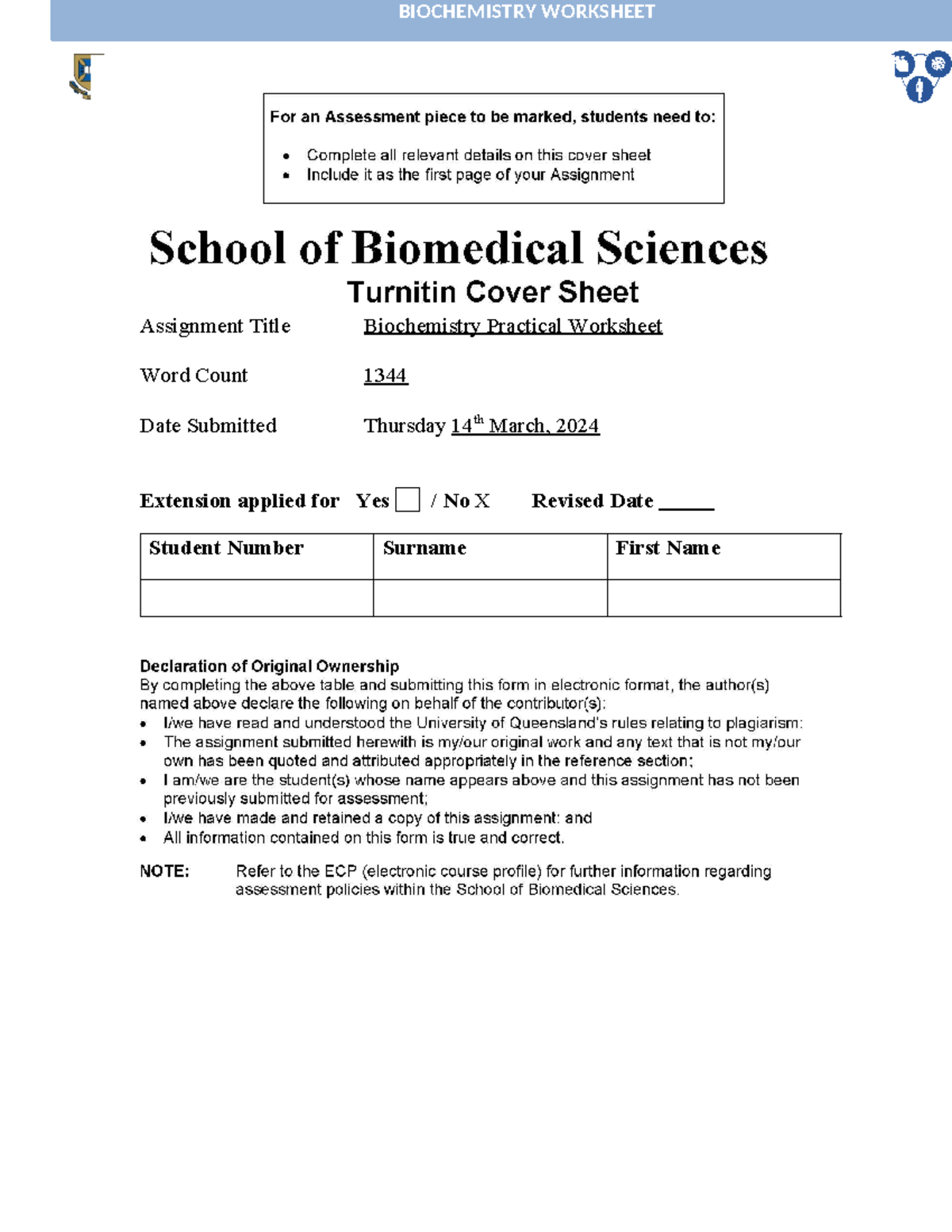 PRAC 2 BIOM1051 Biochemistry Practical Worksheet 2021 - Course Code ...