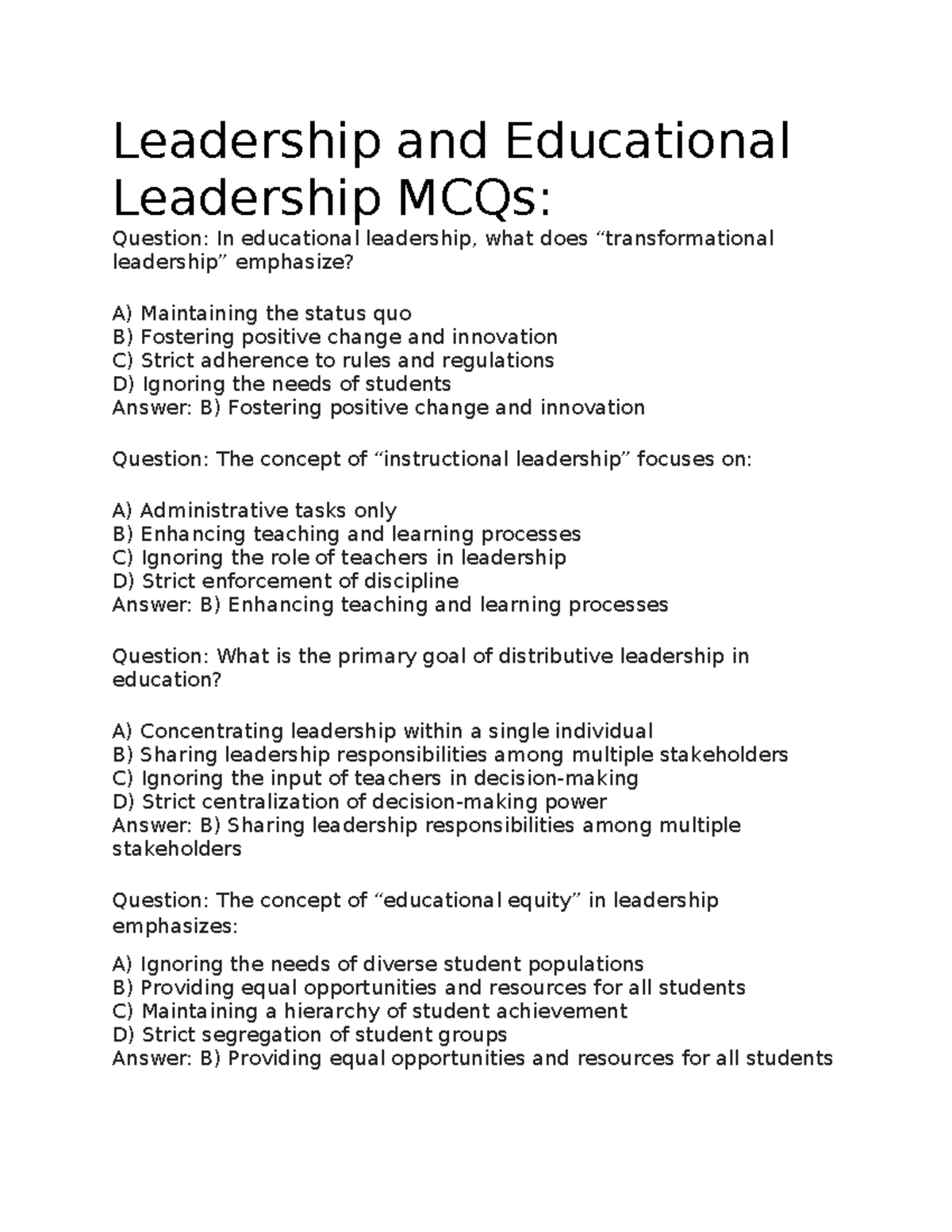 Leadership and Educational Leadership MCQs - Leadership and Educational ...