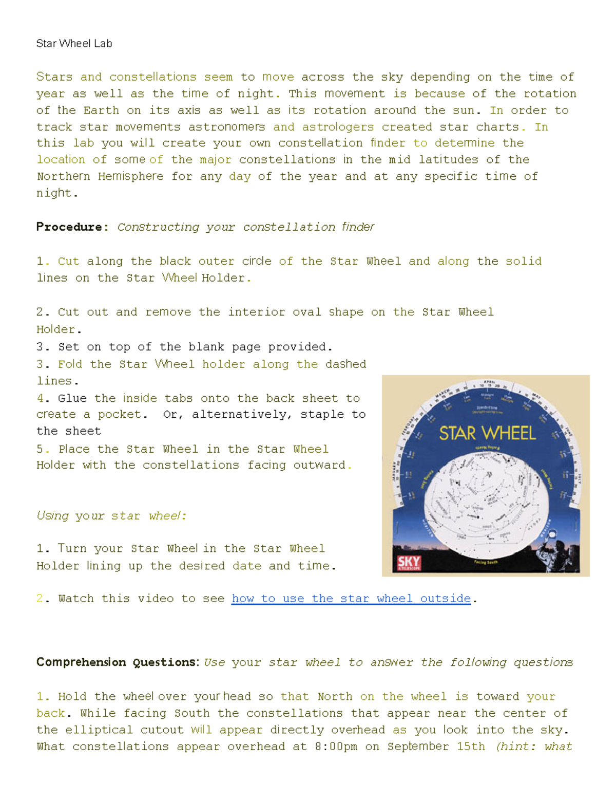 Star Wheel lab, determine the position of the constellations - Star ...