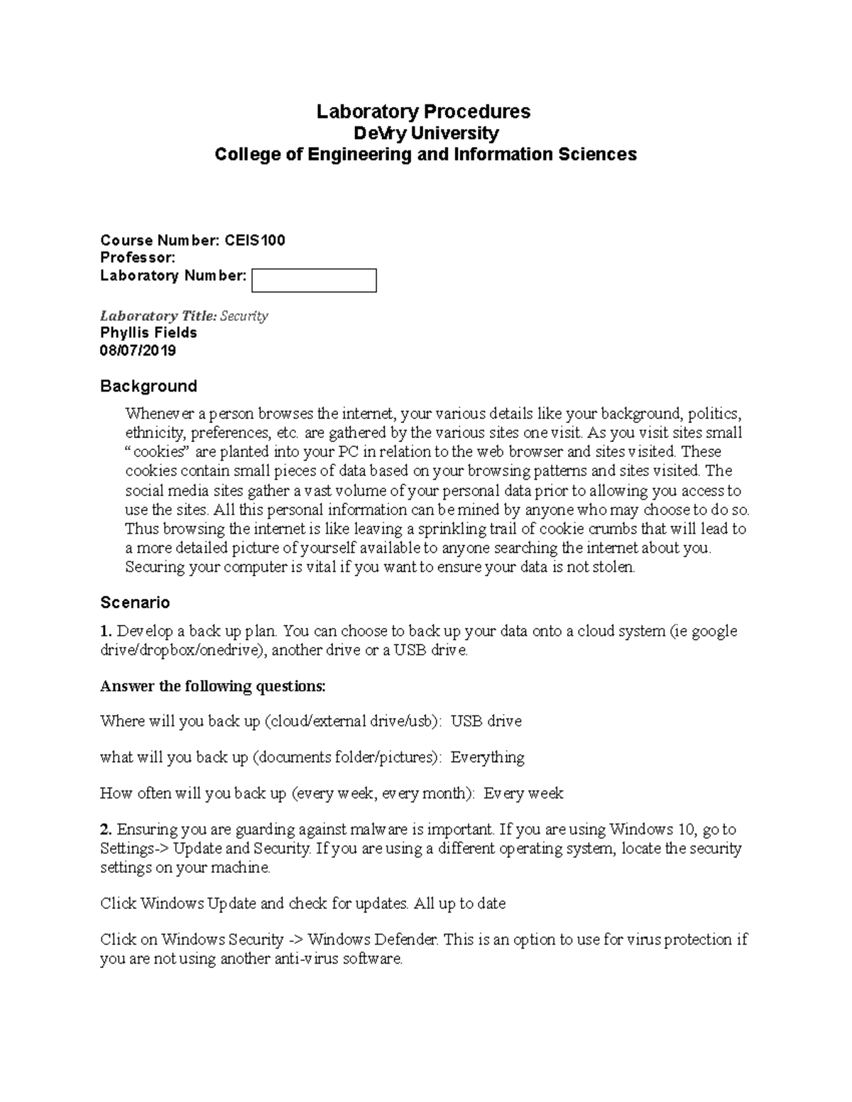 Pfields Lab 05 - lab report week five - Laboratory Procedures DeVry ...
