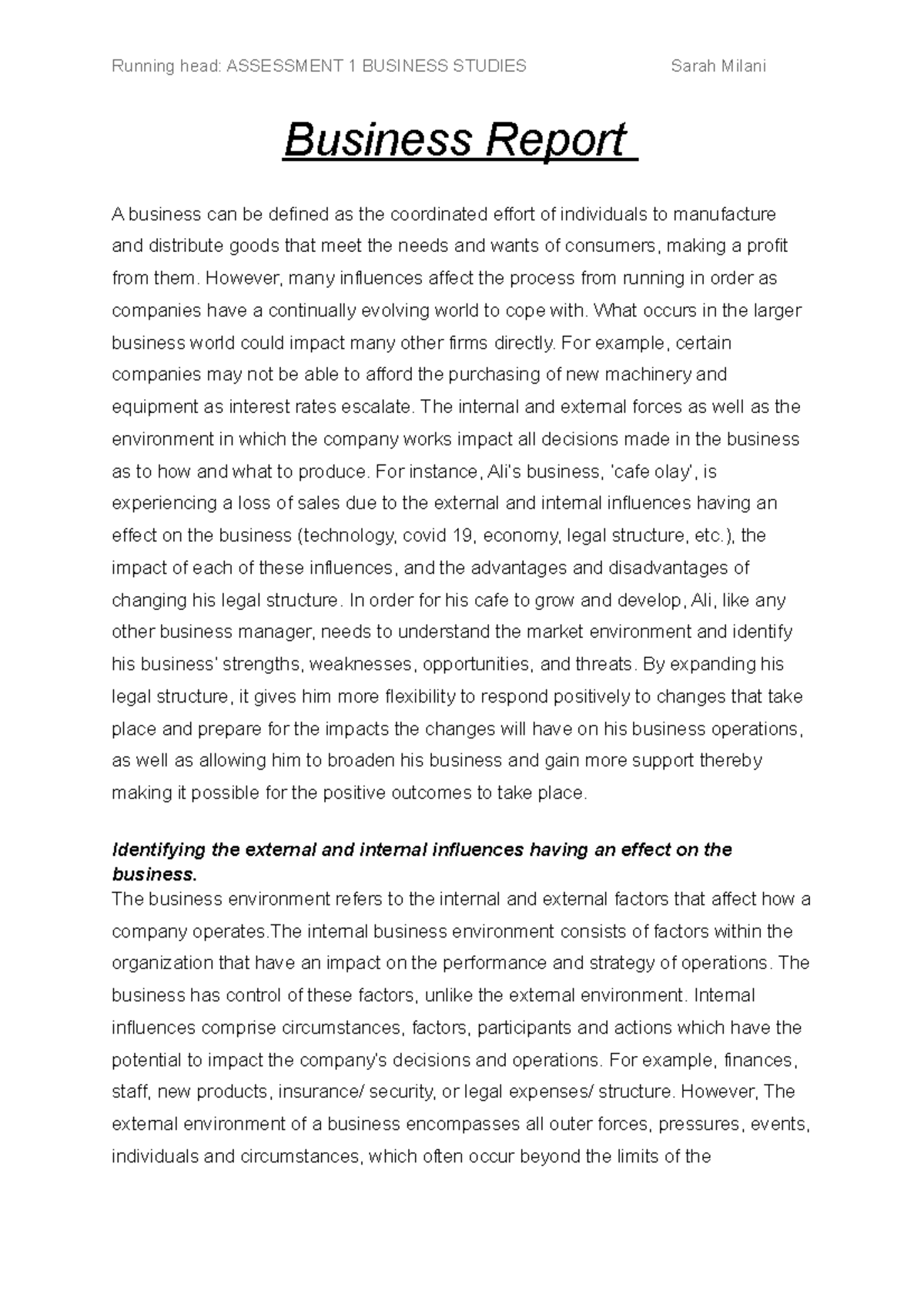 Business report - Business Report A business can be defined as the ...