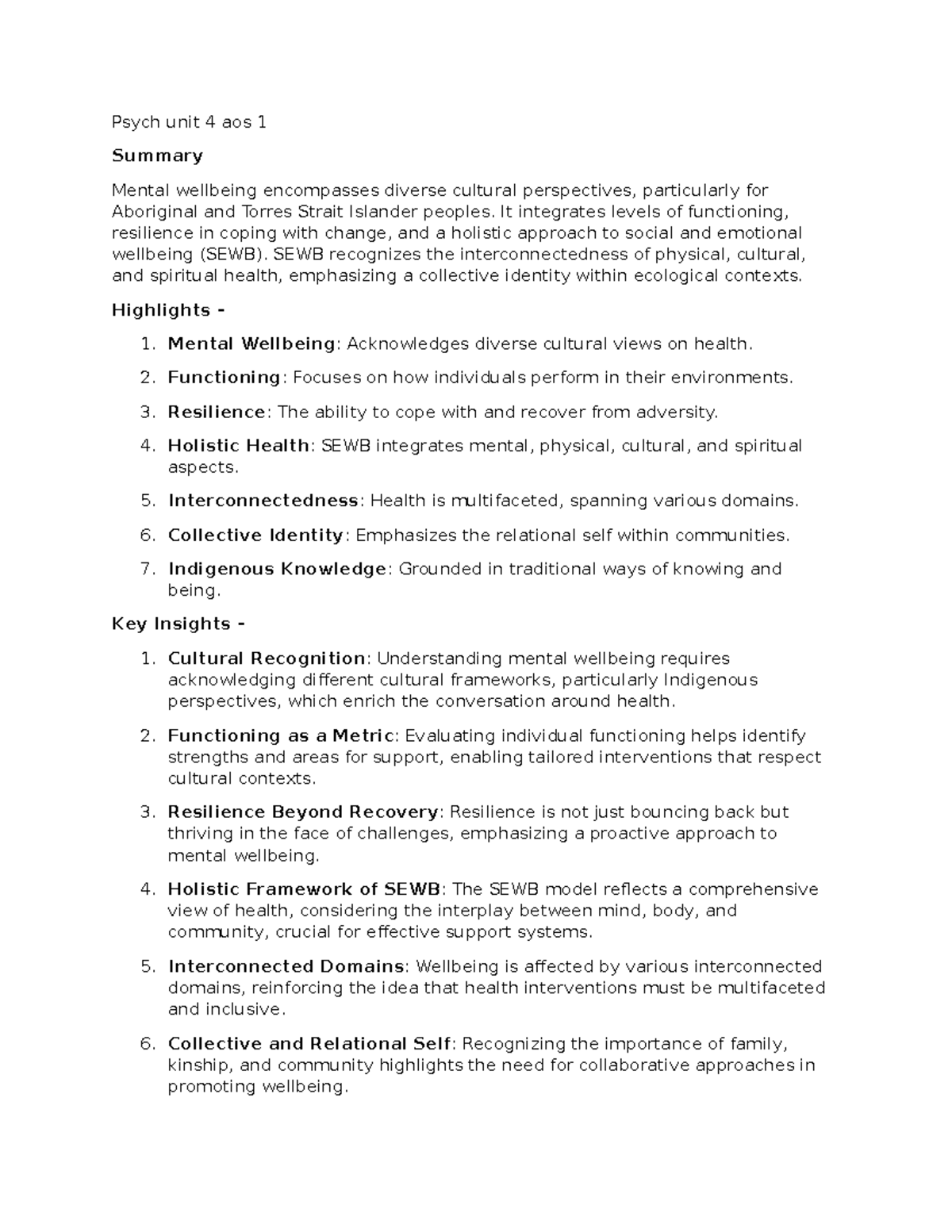Psych unit 4 aos 2 - SUMMARY - Psych unit 4 aos 1 Summary Mental wellbeing encompasses diverse ...